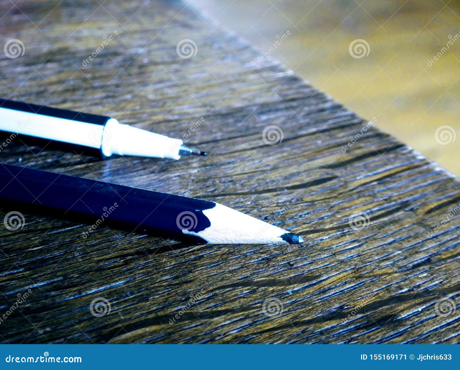 Pencil and Pen on Wooden Table. Stock Image - Image of drawing, pencil ...