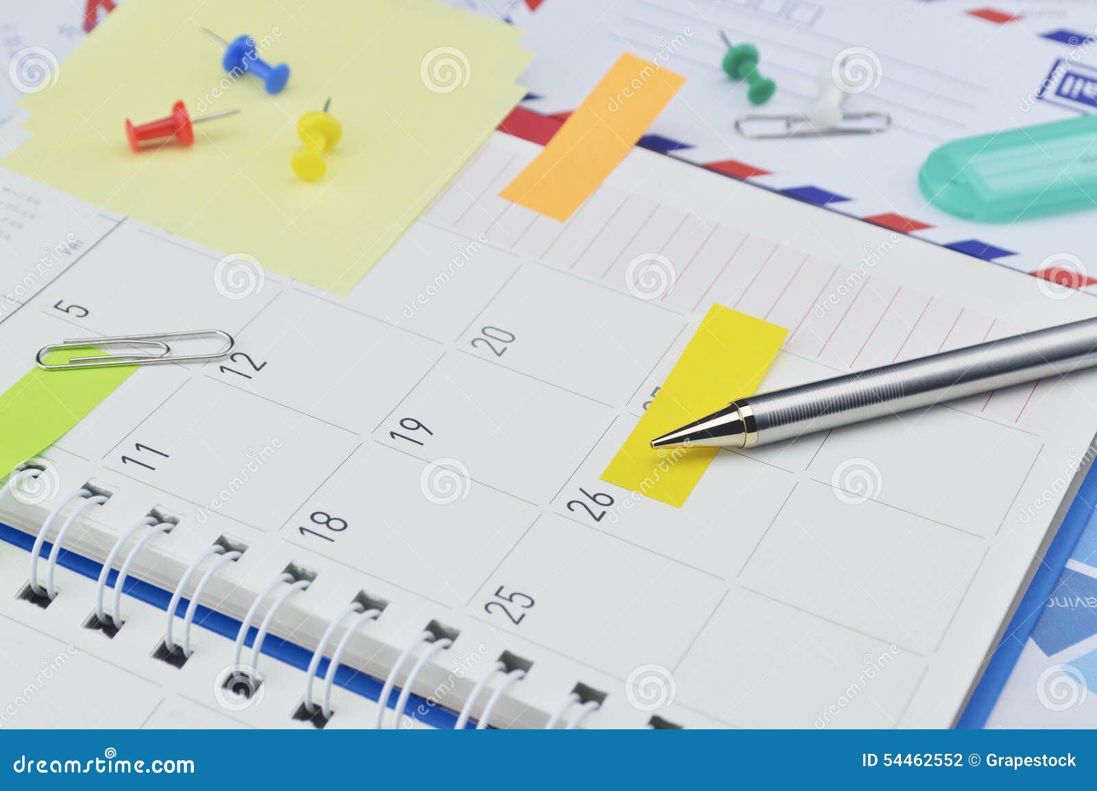 Pencil with Post it Notes and Pin on Business Diary Page Stock Photo ...