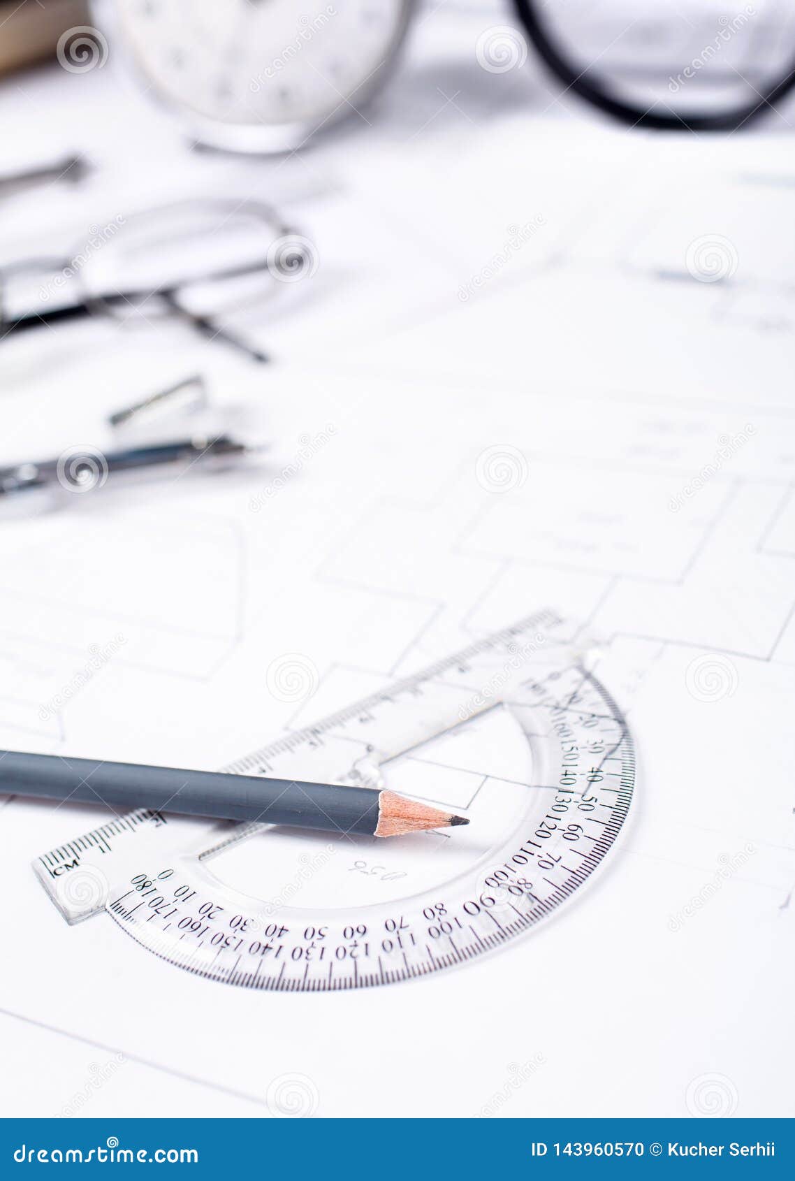 Pencil with a Protractor Against the Background of the Engineer S Desk ...