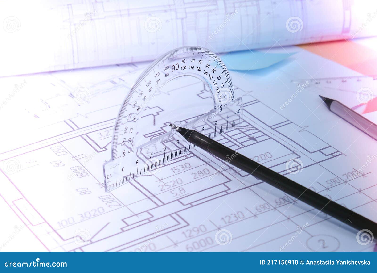 A Pencil with a Protractor. Architectural Project Drawings with Tools ...