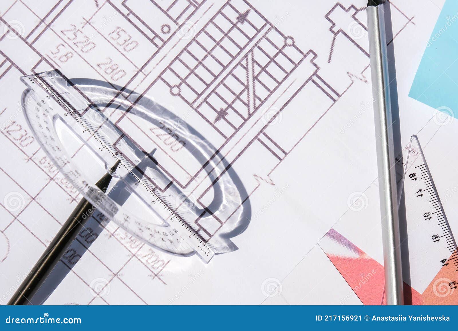 A Pencil with a Protractor. Architectural Project Drawings with Tools ...