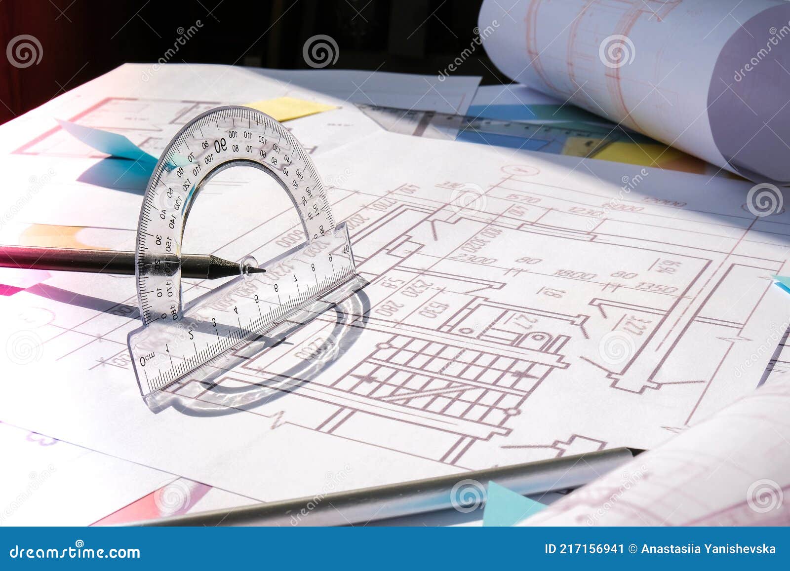 A Pencil with a Protractor. Architectural Project Drawings with Tools ...