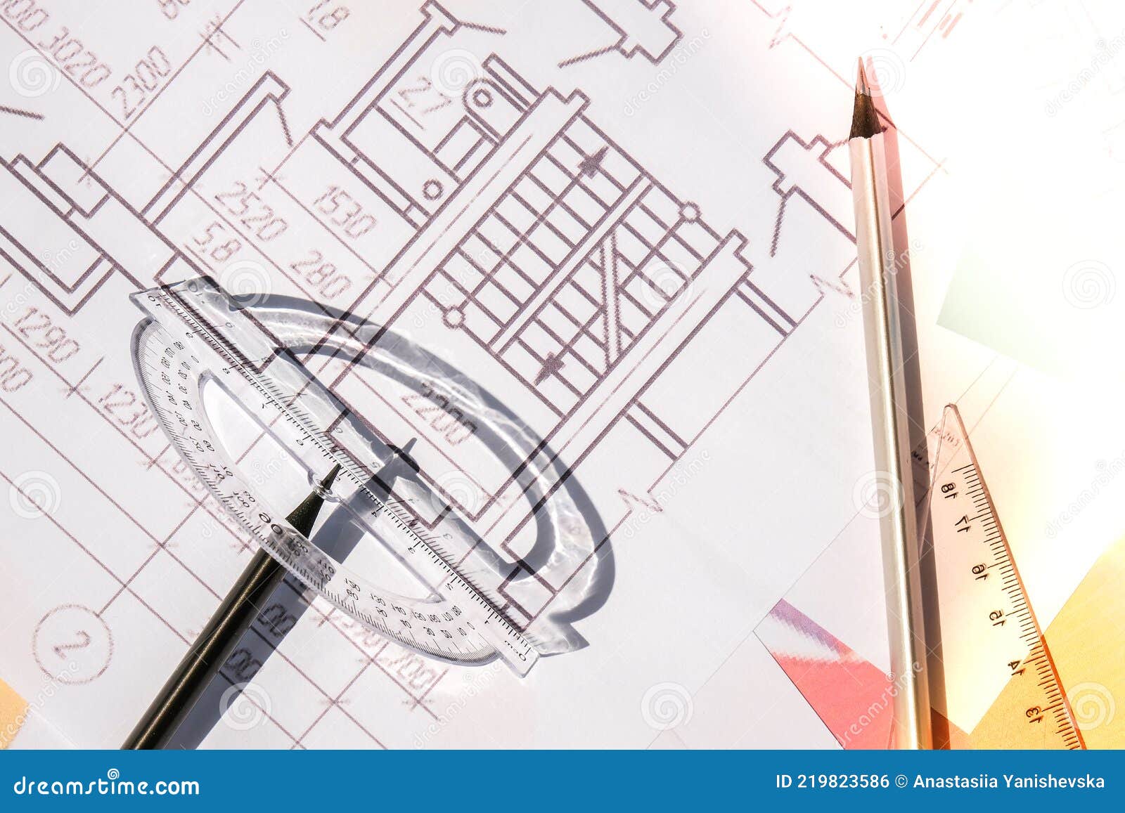 A Pencil with a Protractor. Architectural Project Drawings with Tools ...