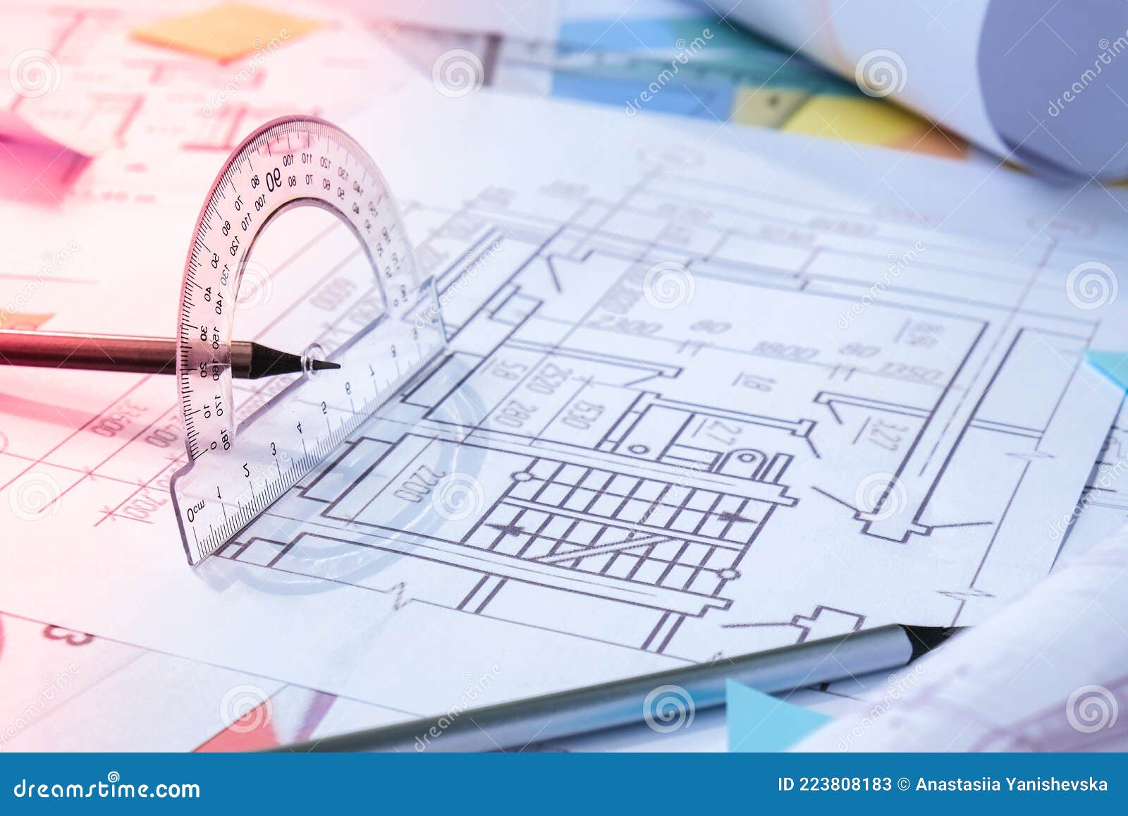 A Pencil with a Protractor. Architectural Project Drawings with Tools ...
