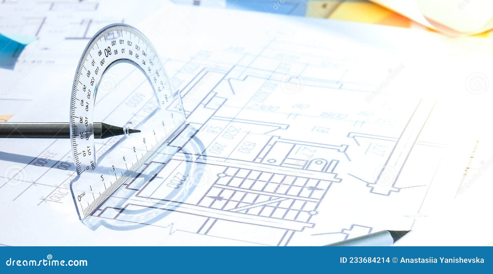 A Pencil with a Protractor. Architectural Project Drawings with Tools ...