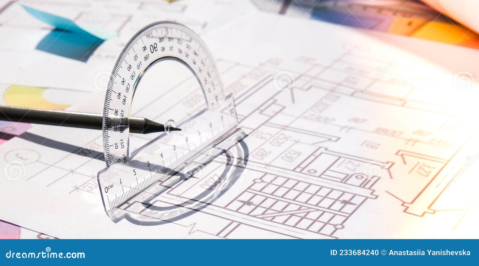 A Pencil with a Protractor. Architectural Project Drawings with Tools ...
