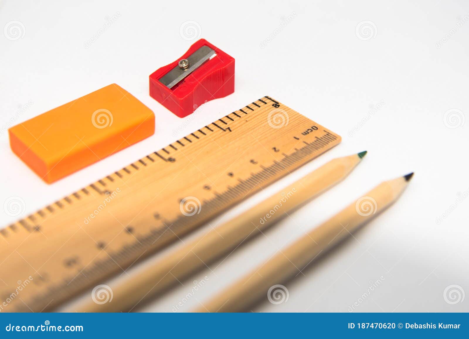 Pencil, Ruler, Eraser and Sharpner Isolated on White Background Stock ...