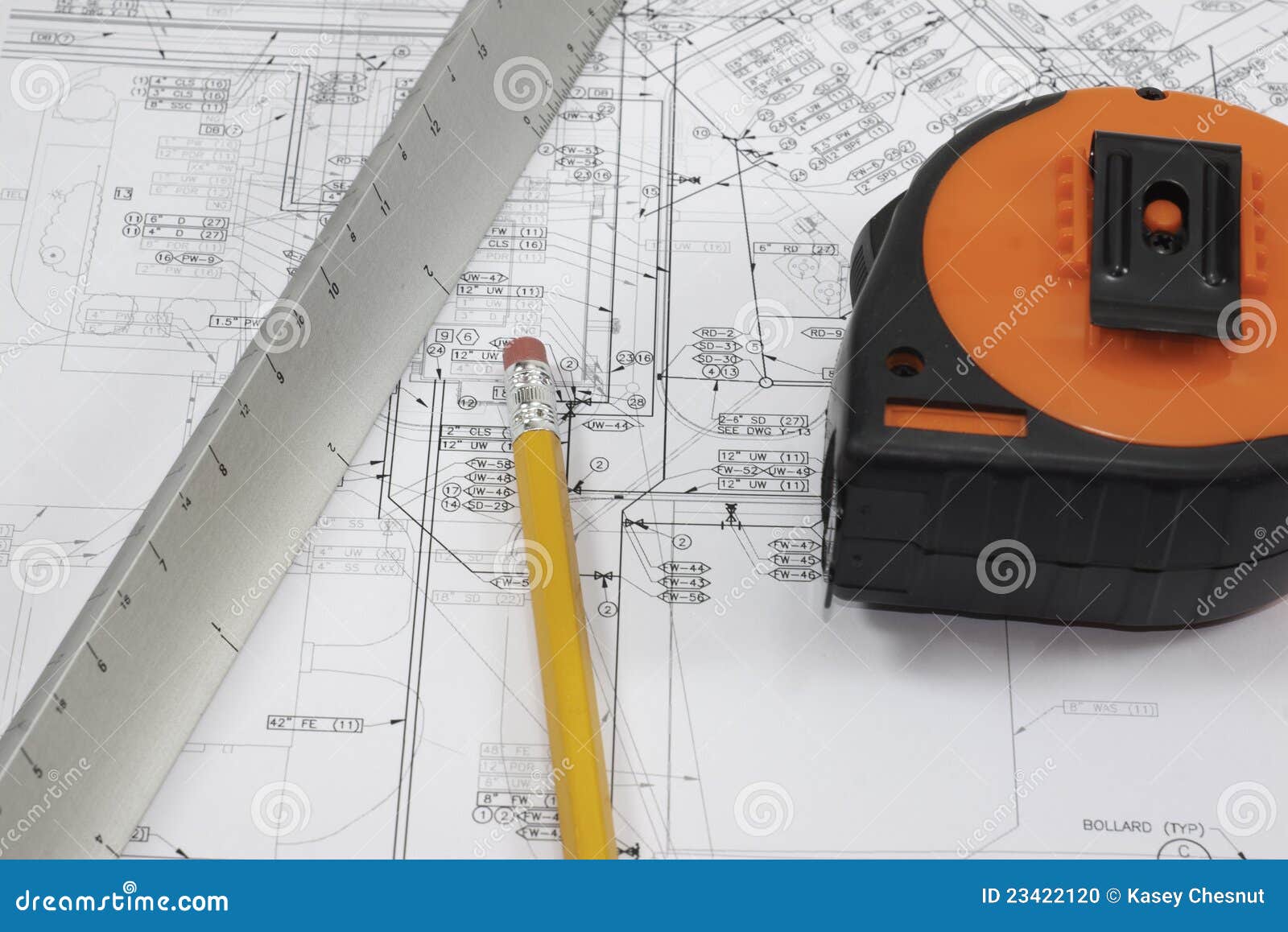 Pencil, Scale, and Tape Measure on Plans Stock Photo - Image of size ...
