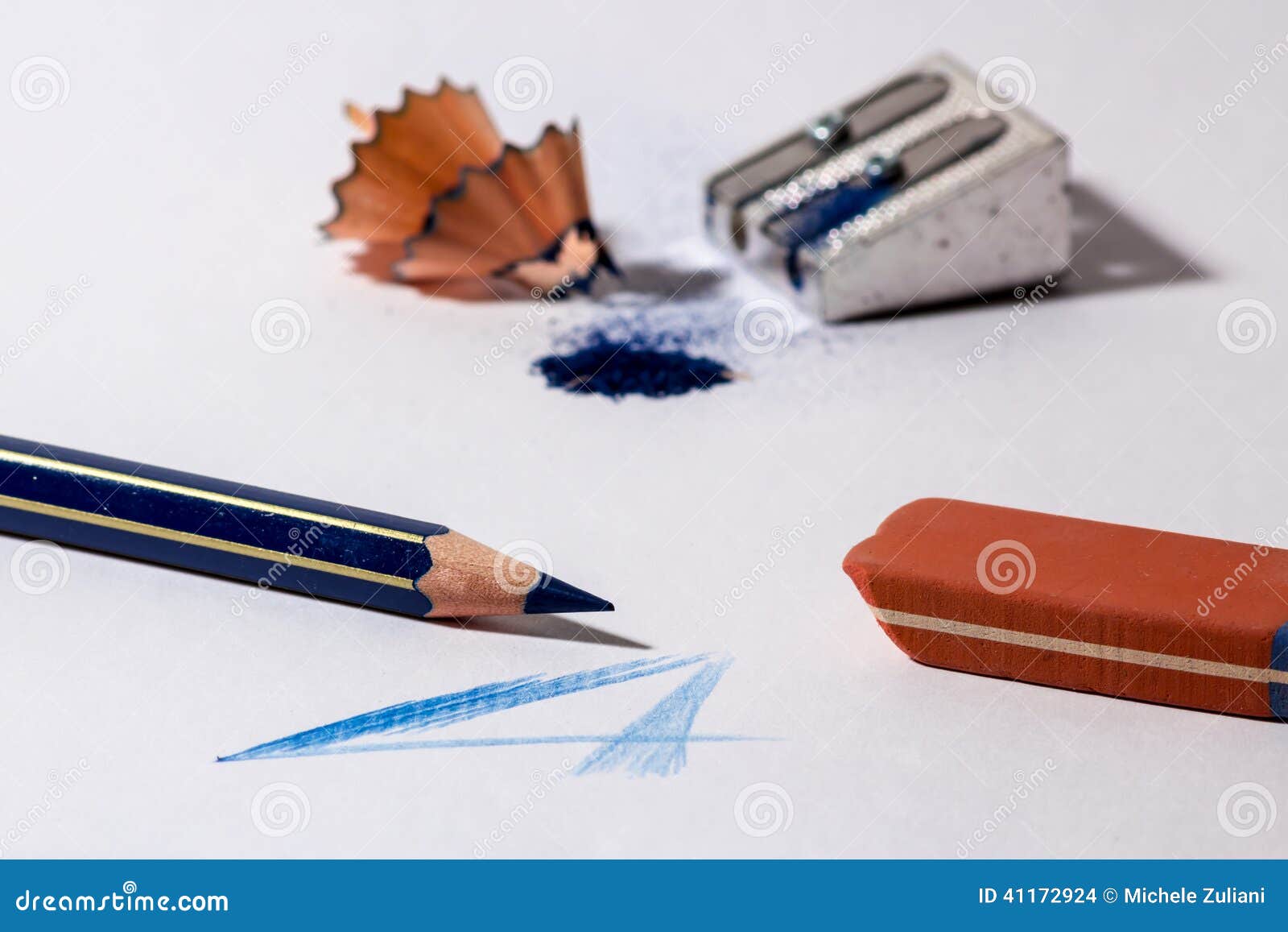Pencil Sharpener with Blue Pencil and a Rubber Stock Photo - Image of ...