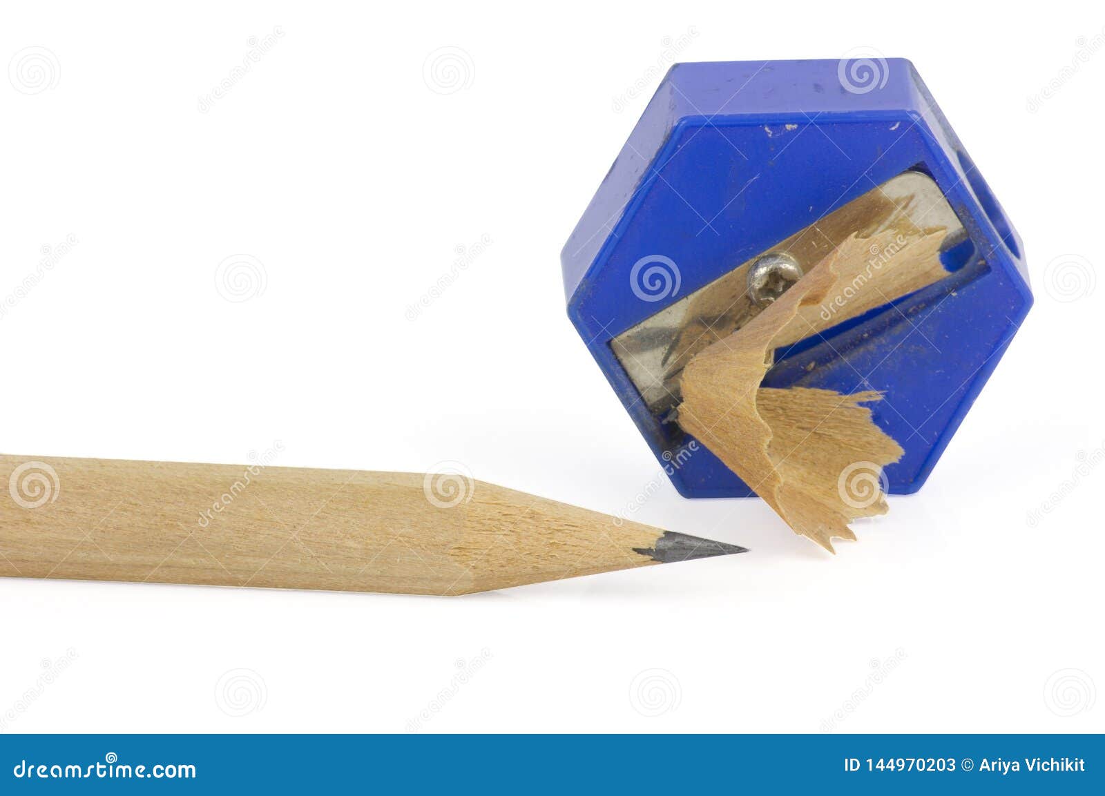 Pencil and Sharpener with Shavings Isolated on White Background Stock ...