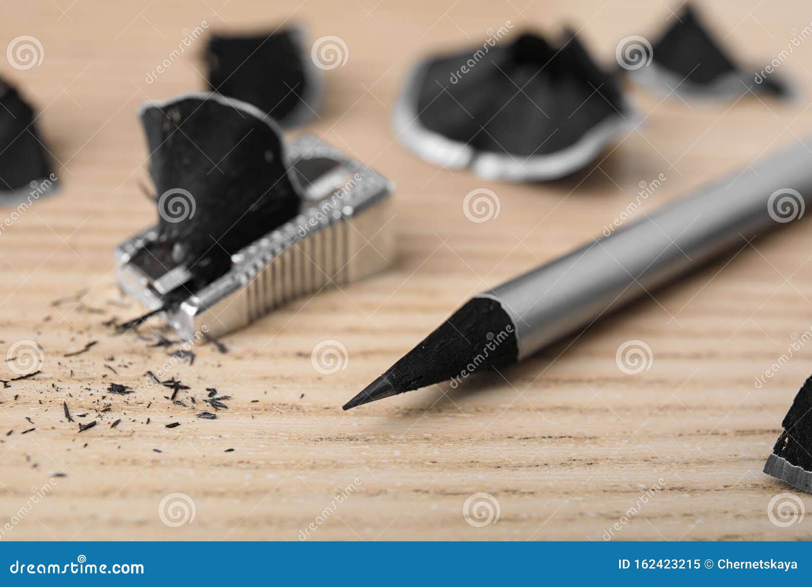 Pencil, Sharpener and Shavings on Wooden Table Stock Image - Image of ...