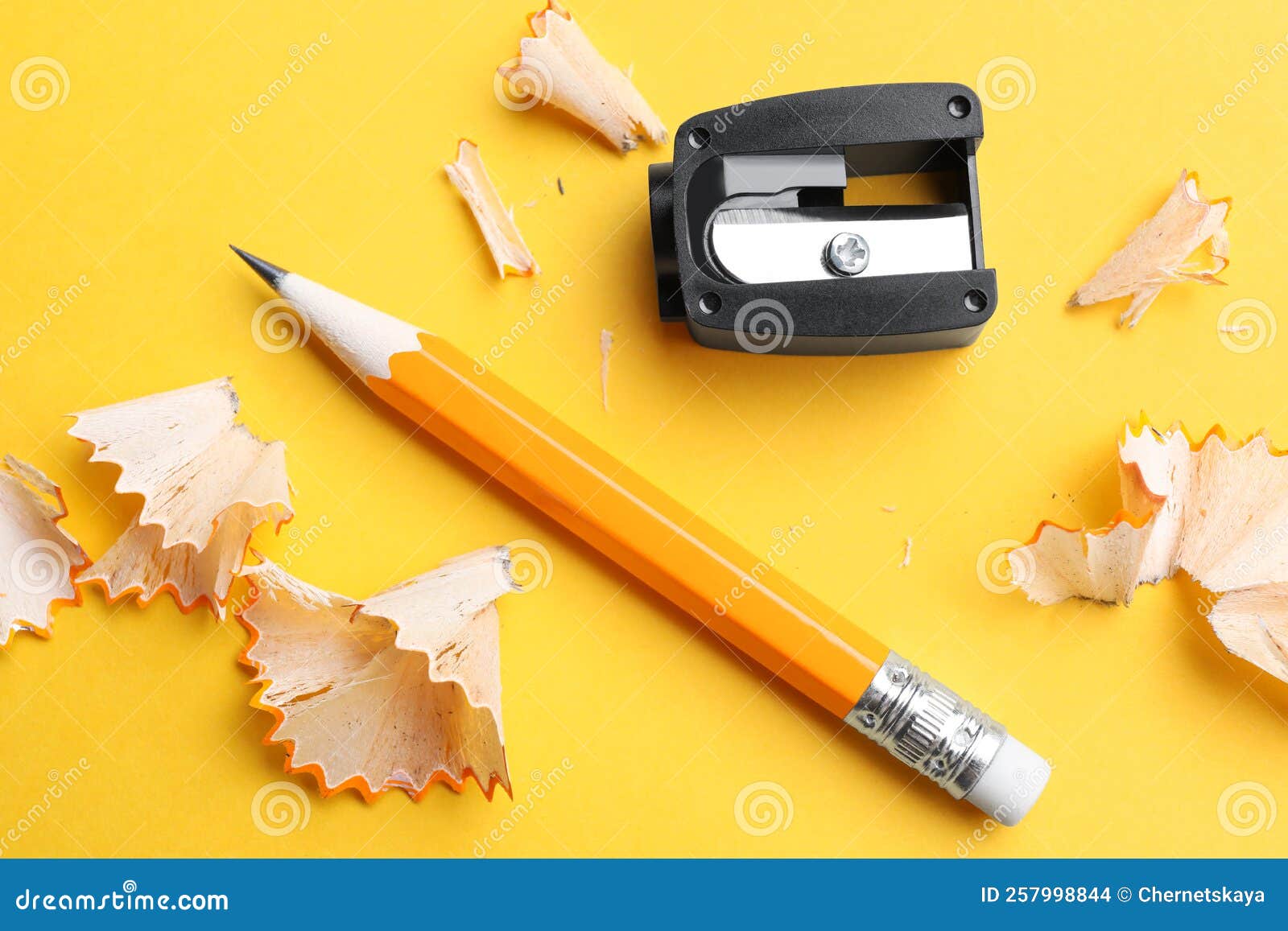 Pencil, Sharpener and Shavings on Yellow Background, Flat Lay Stock ...