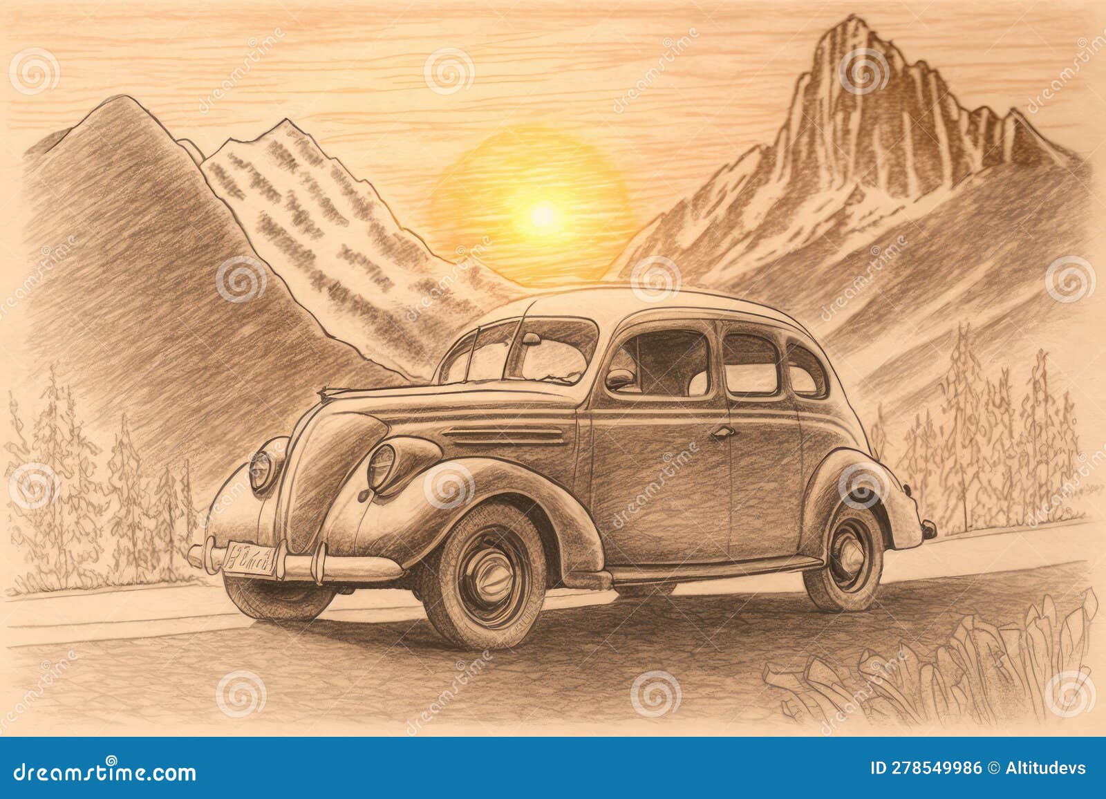 Pencil Sketch of Car with Sunset in the Background, Surrounded by ...