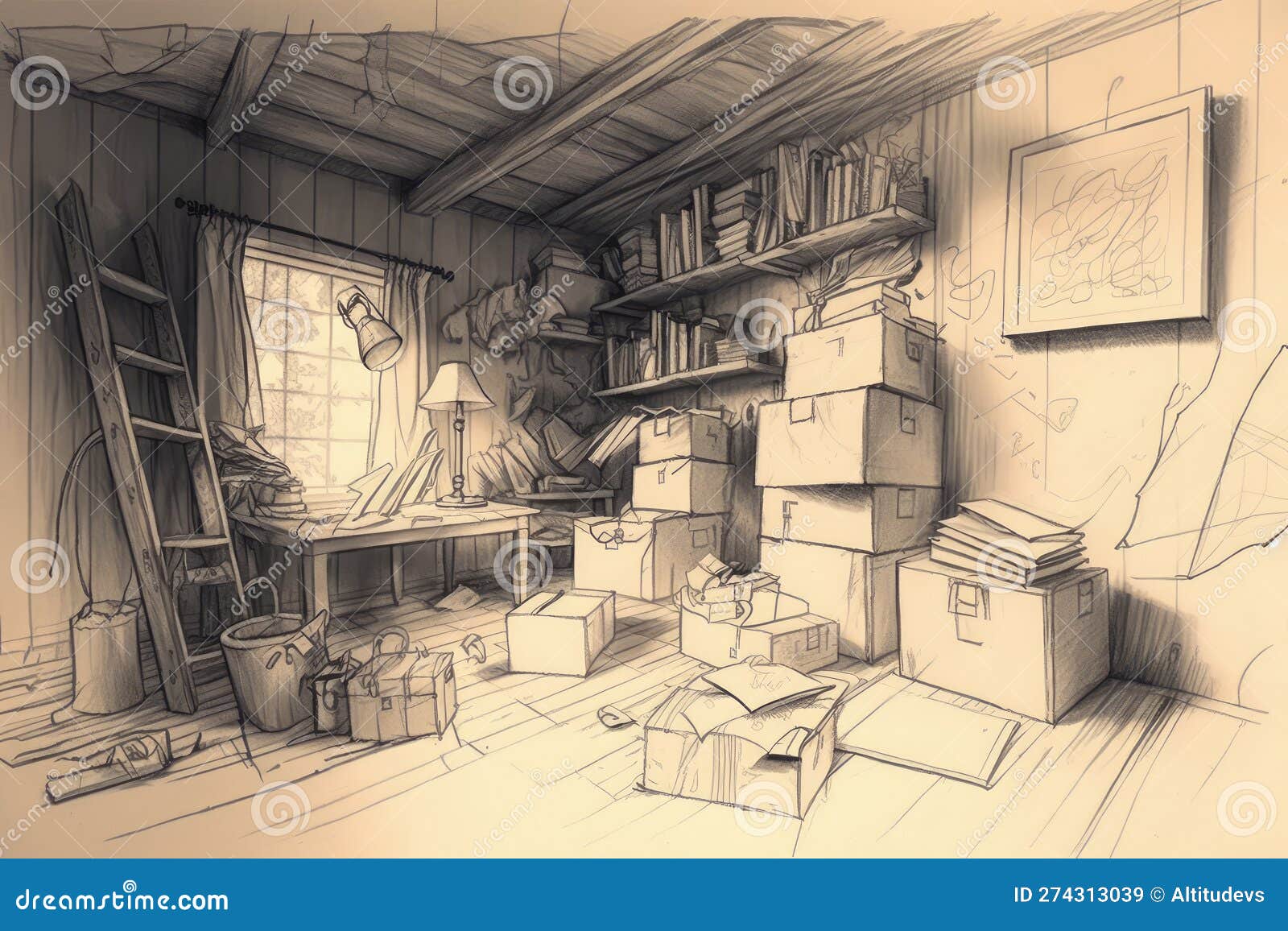 Pencil Sketch of a Cluttered Attic, with Boxes, Trunks and Books Stock ...