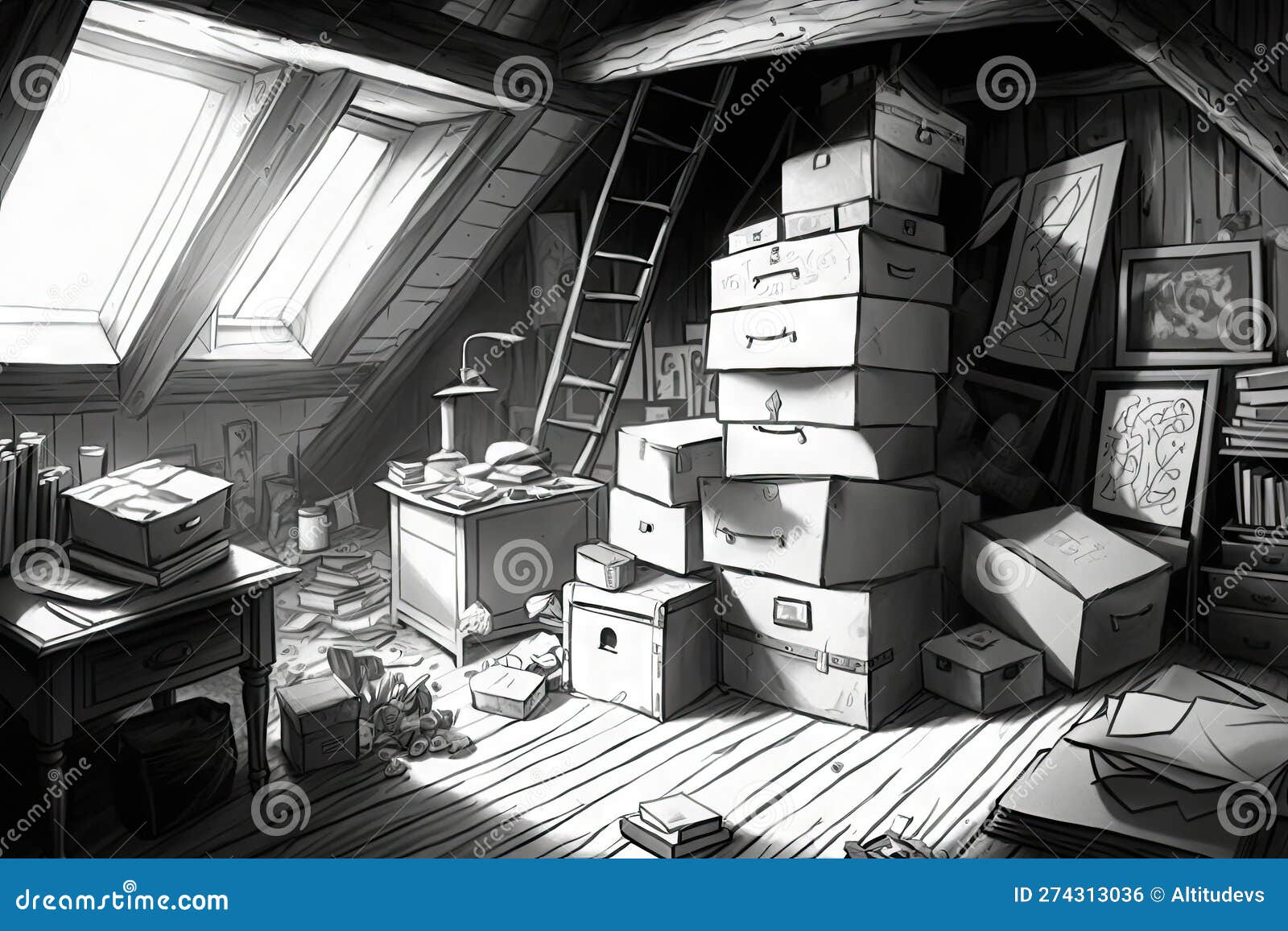 Pencil Sketch of a Cluttered Attic, with Boxes, Trunks and Books Stock ...