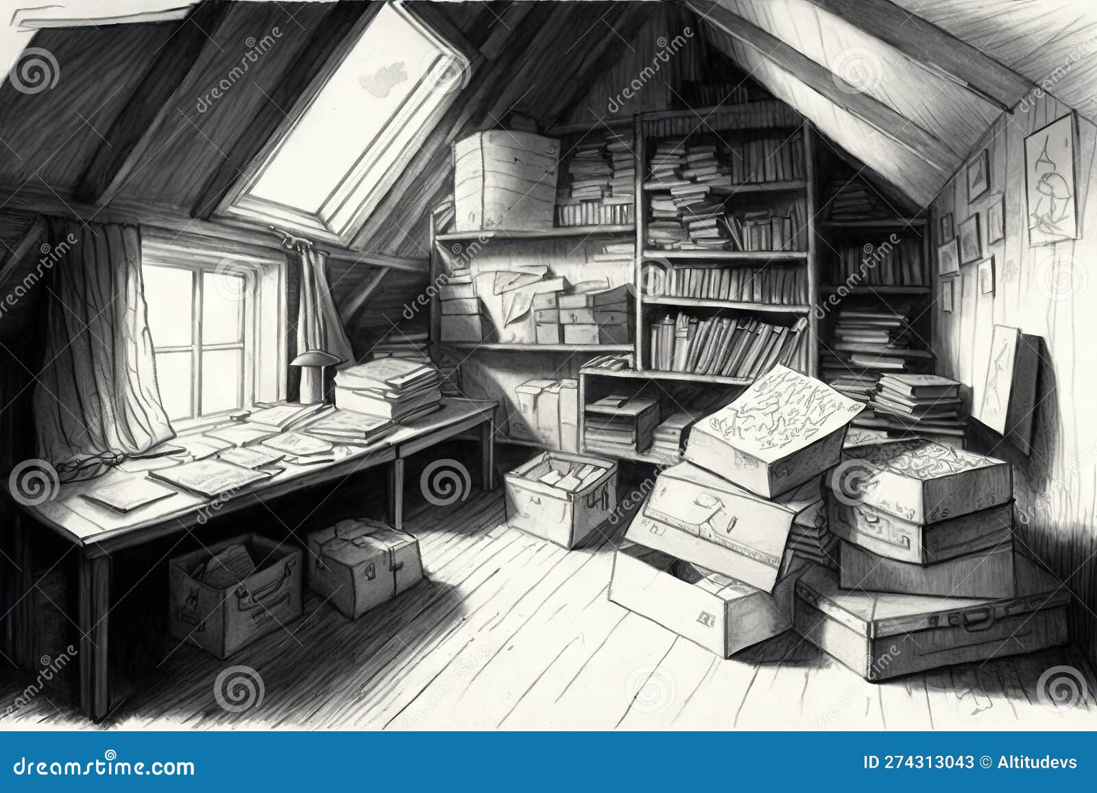 Pencil Sketch of a Cluttered Attic, with Boxes, Trunks and Books Stock ...