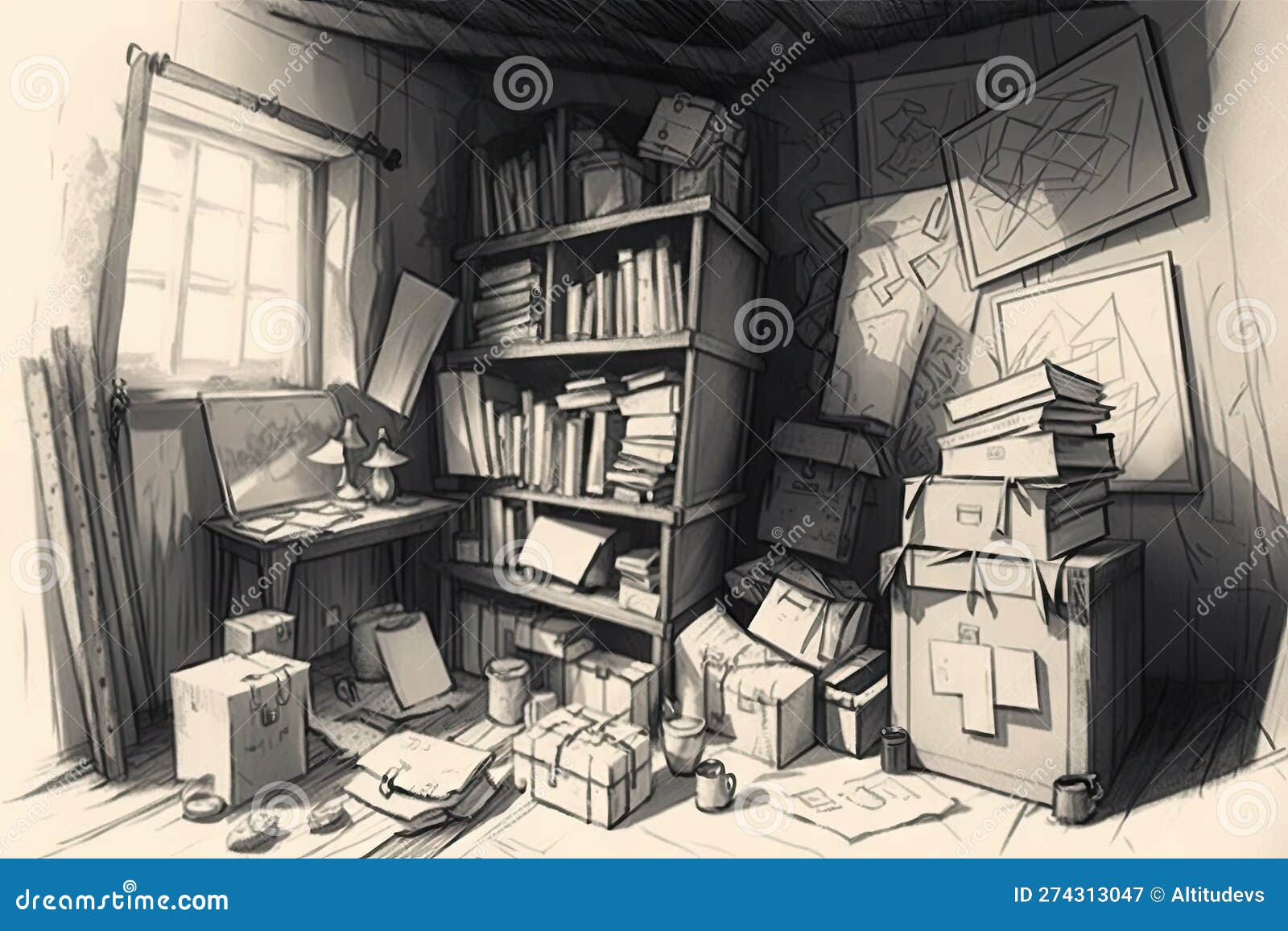 Pencil Sketch of a Cluttered Attic, with Boxes, Trunks and Books Stock ...