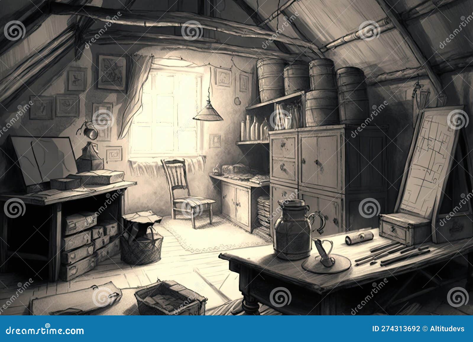 Pencil Sketch of Cluttered and Dusty Attic, with Old Furniture and ... Pencil Sketch of Cluttered and Dusty Attic, with Old Furniture and ...