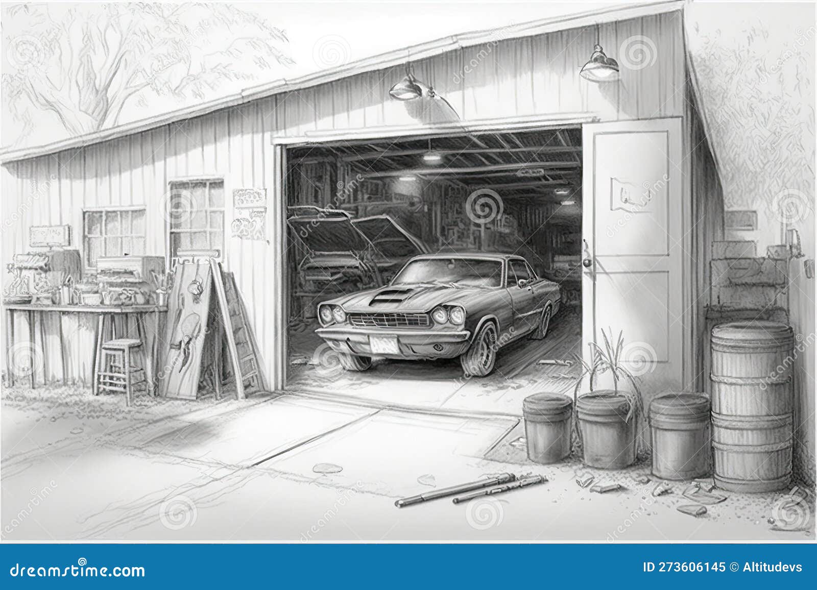 Pencil Sketch of Garage with Tools and Vehicles in the Background Stock ...