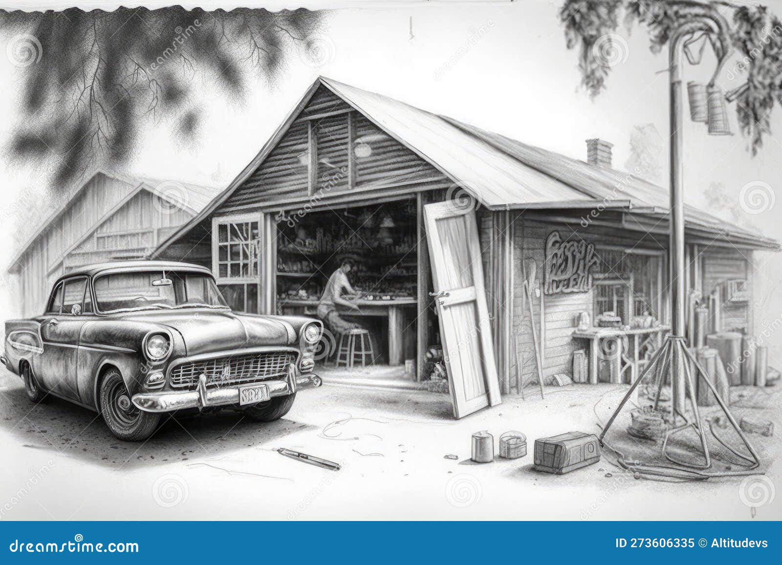 Pencil Sketch of Garage, with Tools and Vehicles in the Background ...