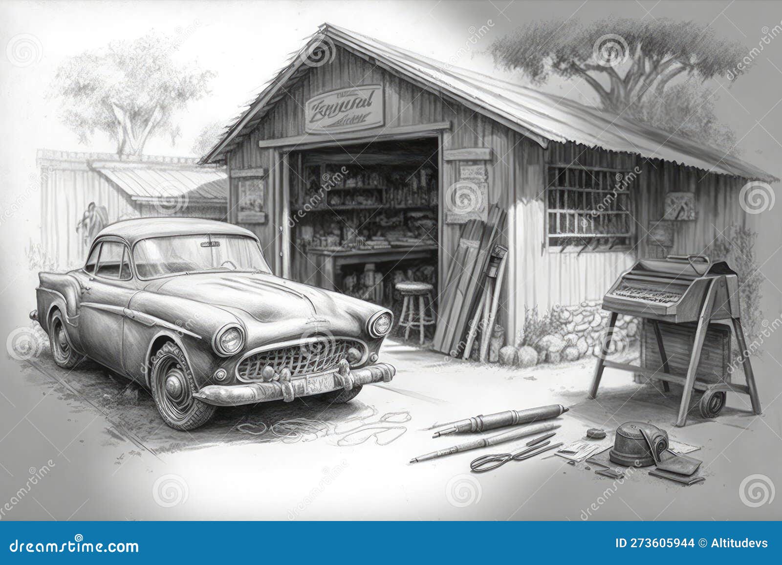 Pencil Sketch of Garage with Vintage Car and Tools in Foreground Stock ...
