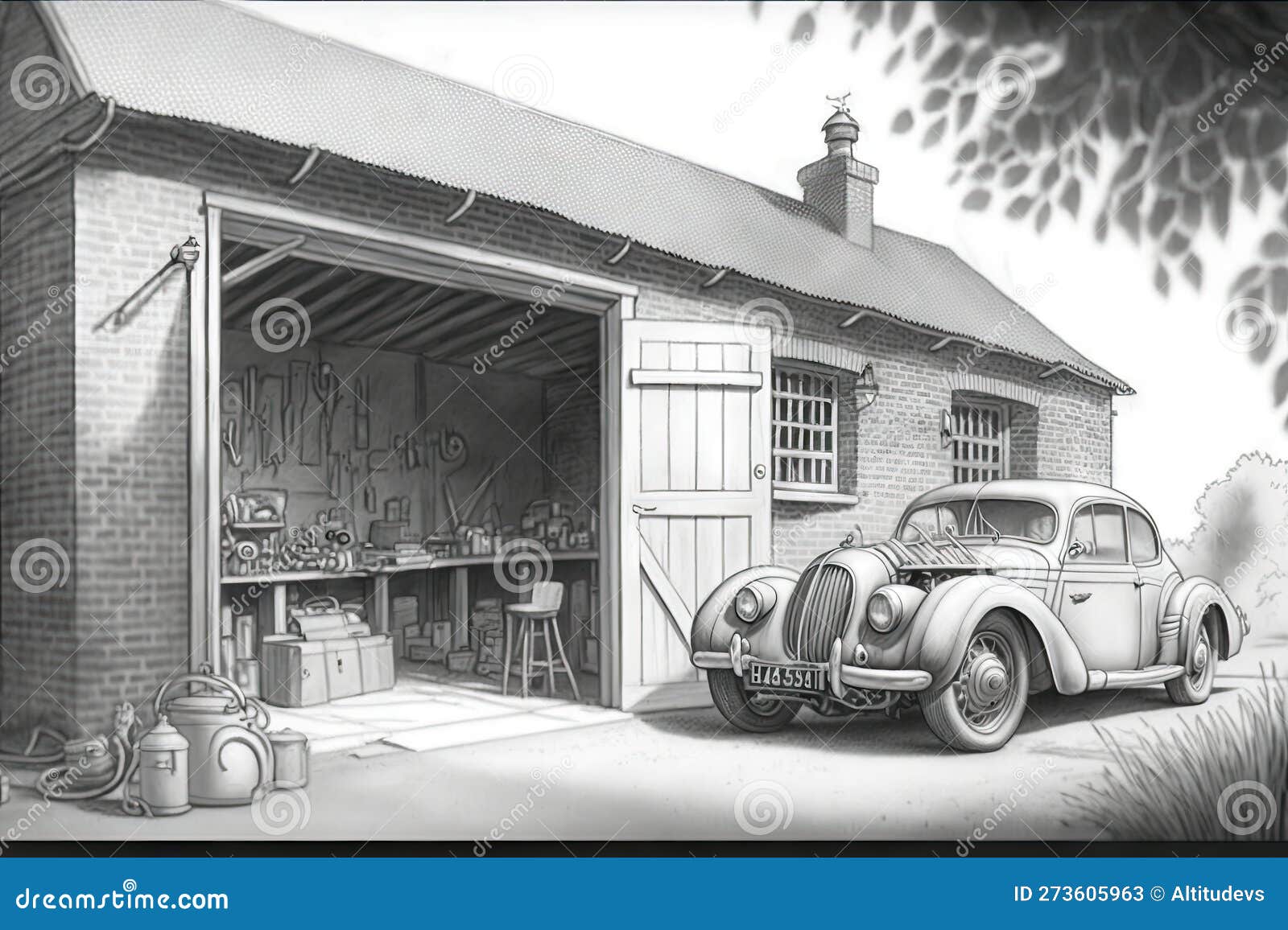 Pencil Sketch of Garage with Vintage Car and Tools in Foreground Stock ...