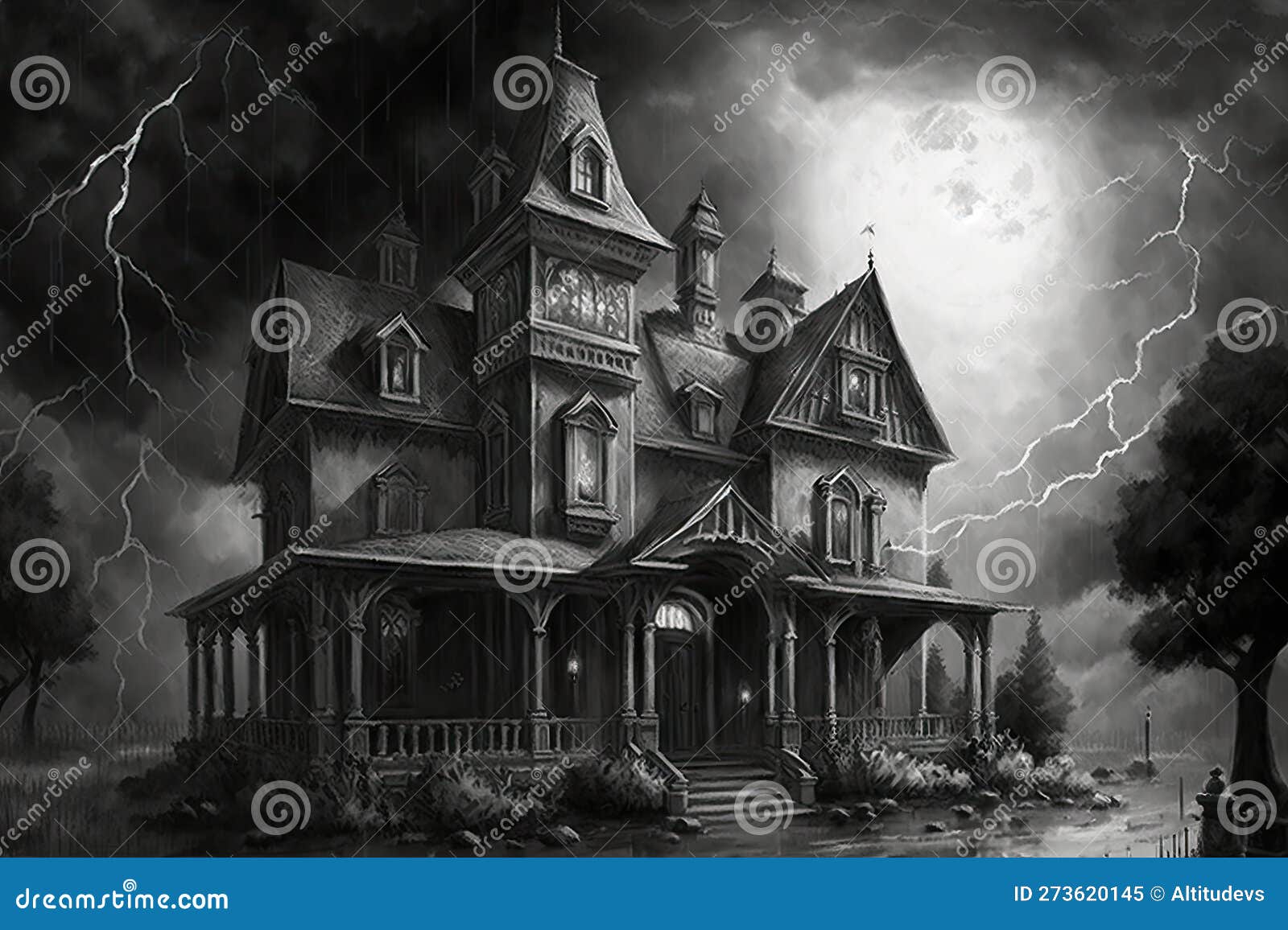 Pencil Sketch of Gothic House with Dramatic Storm Clouds Overhead Stock ...