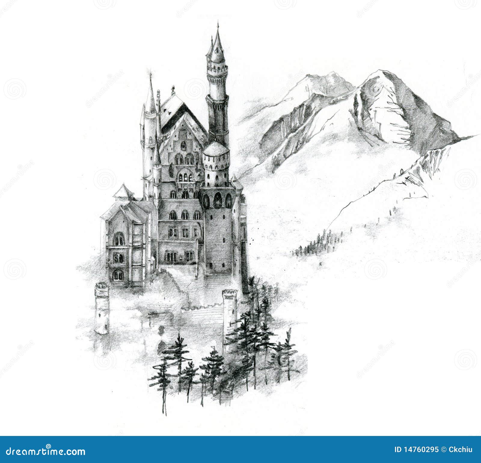 Pencil Sketch of Neuschwanstein Stock Illustration - Illustration of ...