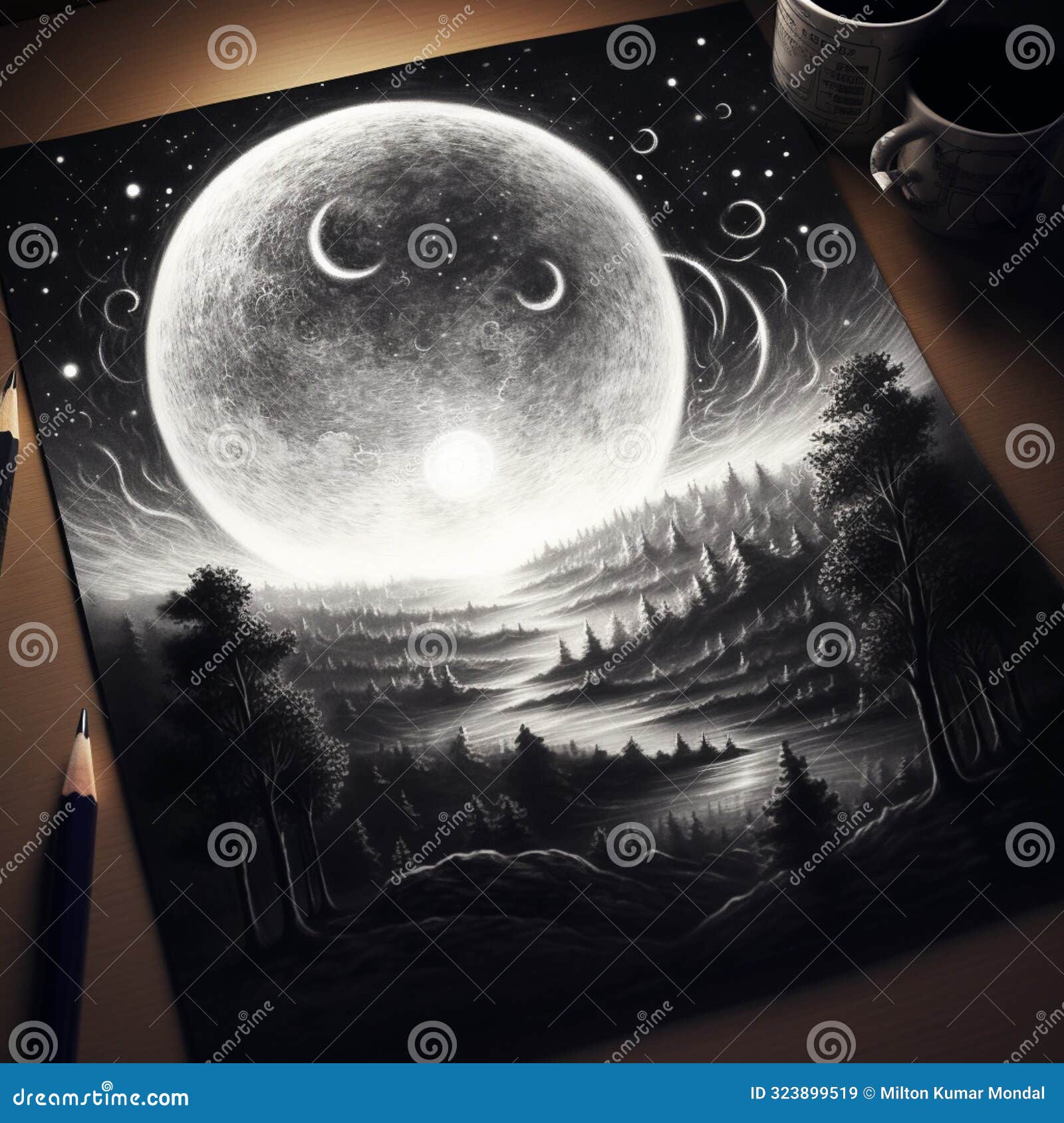 Pencil Sketch Night Sky Moon Nice View Image Stock Image - Image of ...
