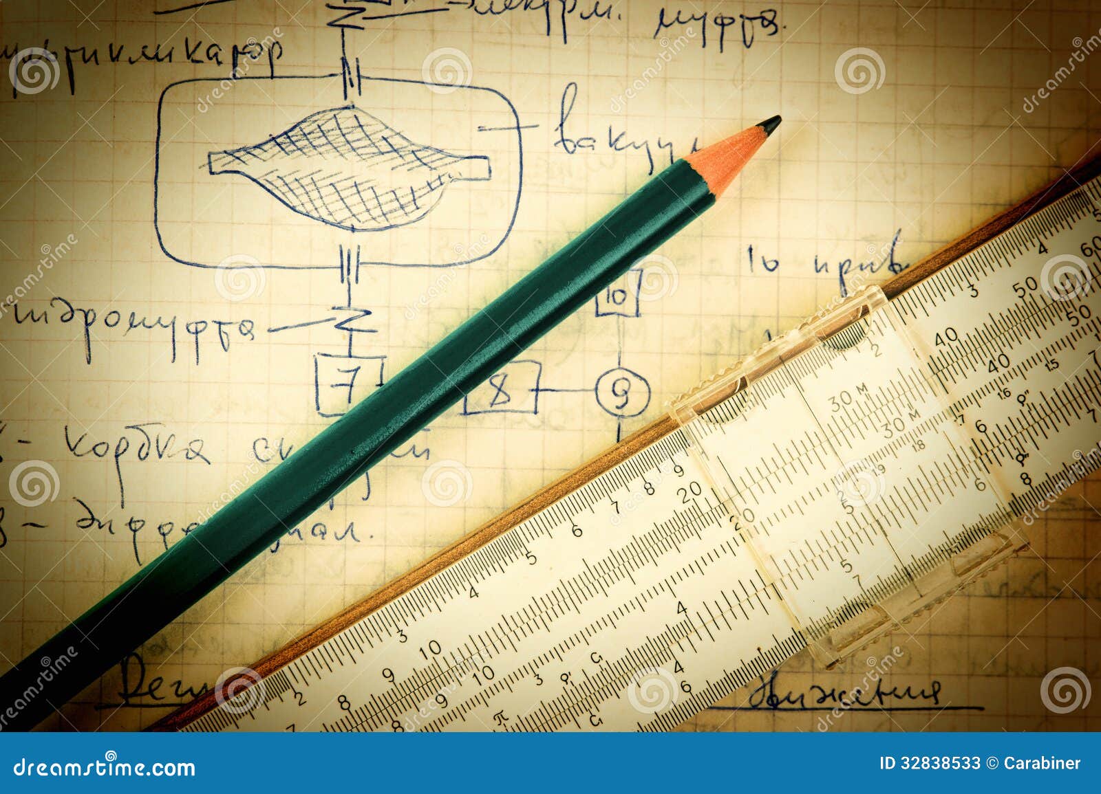 Pencil and a Slide Rule on Old Page with the Calculations in Stock ...