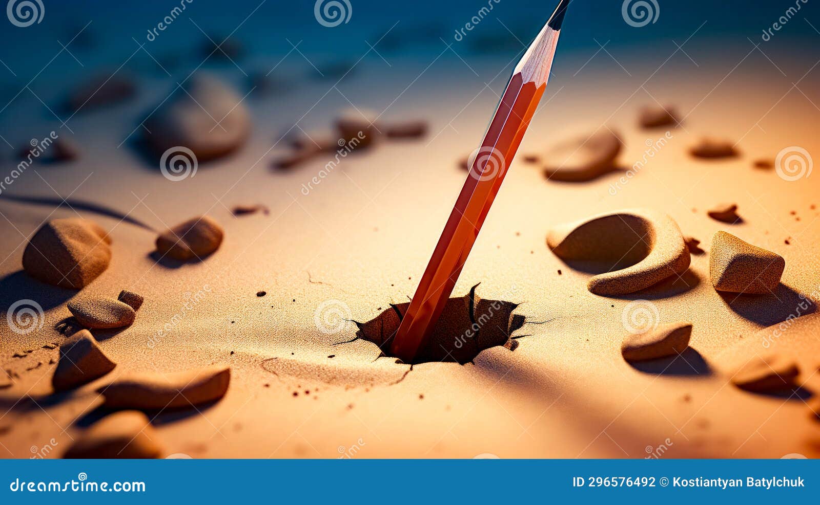 Pencil Sticking Out of Hole in the Sand with Blue Sky in the Background ...