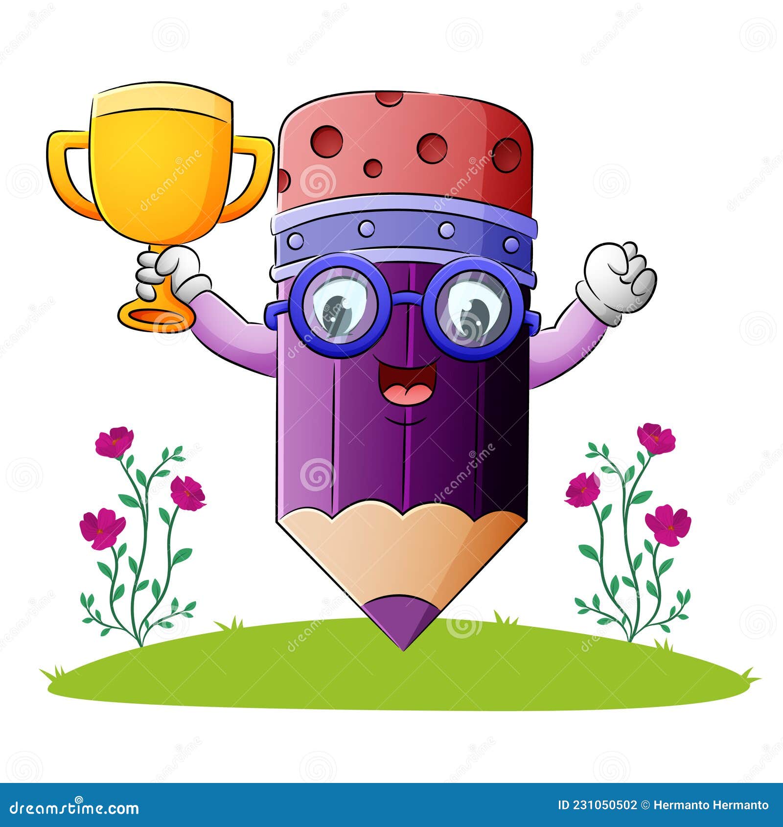 The Pencil Winner is Holding a Trophy Stock Vector - Illustration of ...