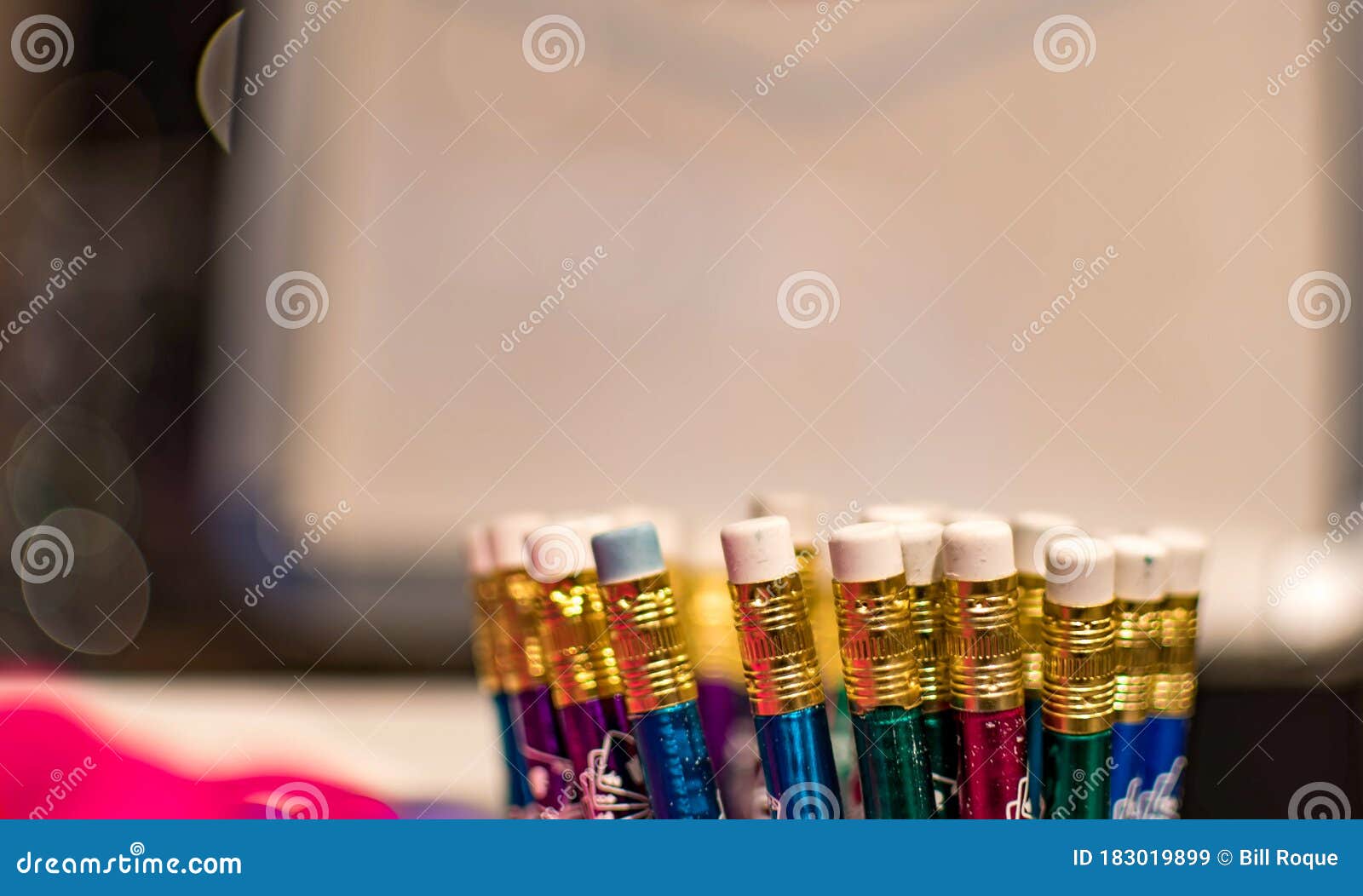 Pencils Inside a Cup Showing it`s Eraser. Different Colors of Pencil ...