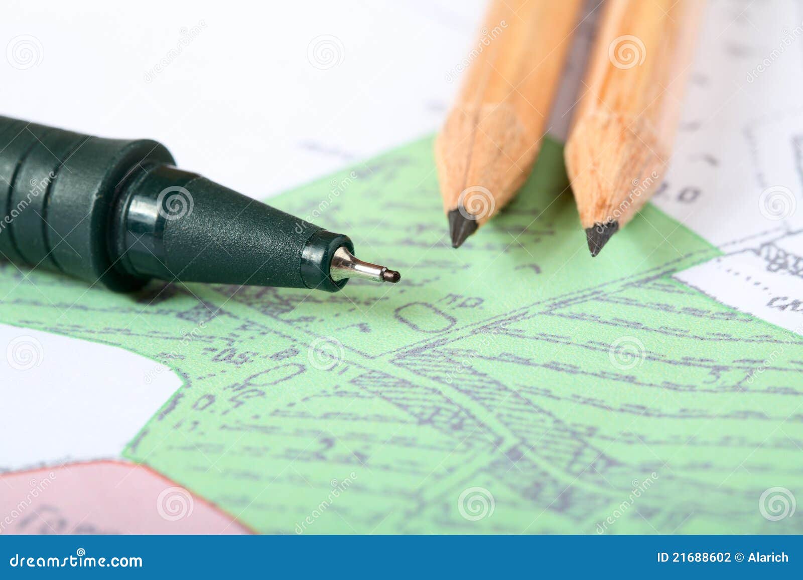 Pencils and Marker on a Map Stock Photo - Image of figure, instrument ...