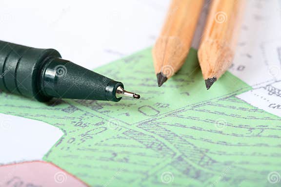 Pencils and Marker on a Map Stock Photo - Image of figure, instrument ...