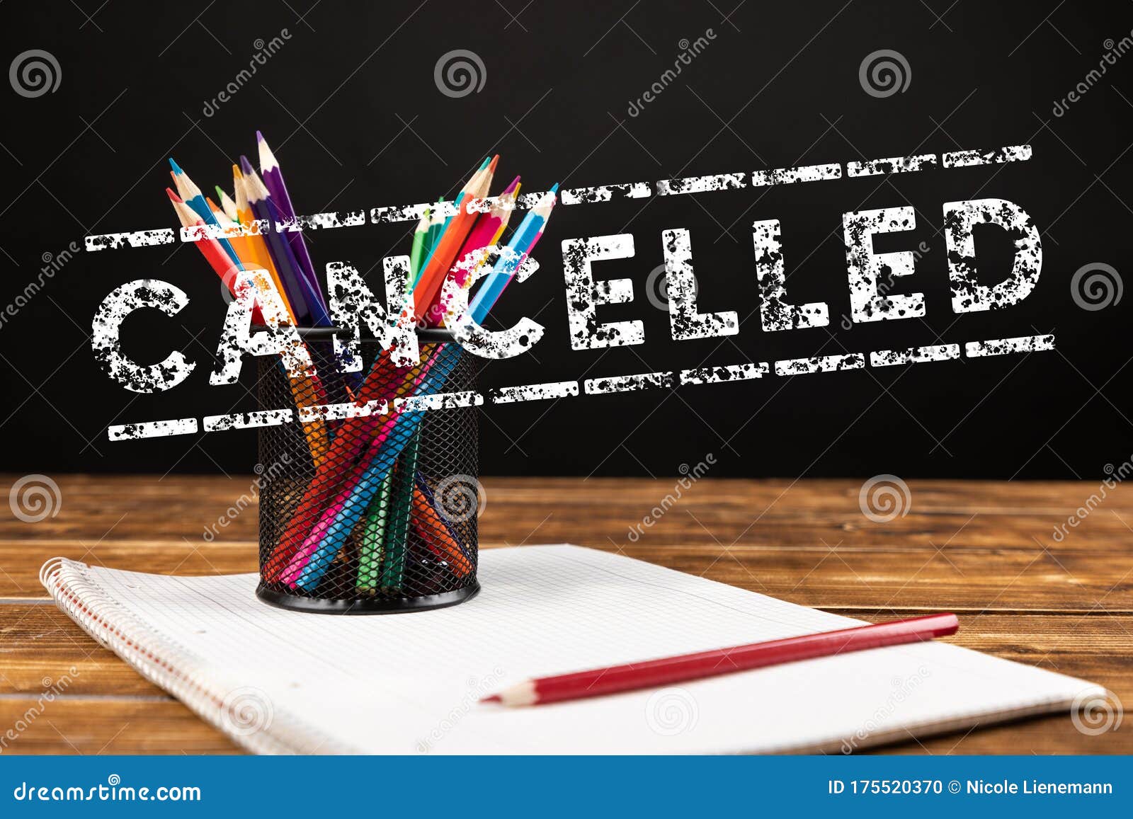 Pencils with Paper and Black Background and Text Cancelled Stock Photo ...