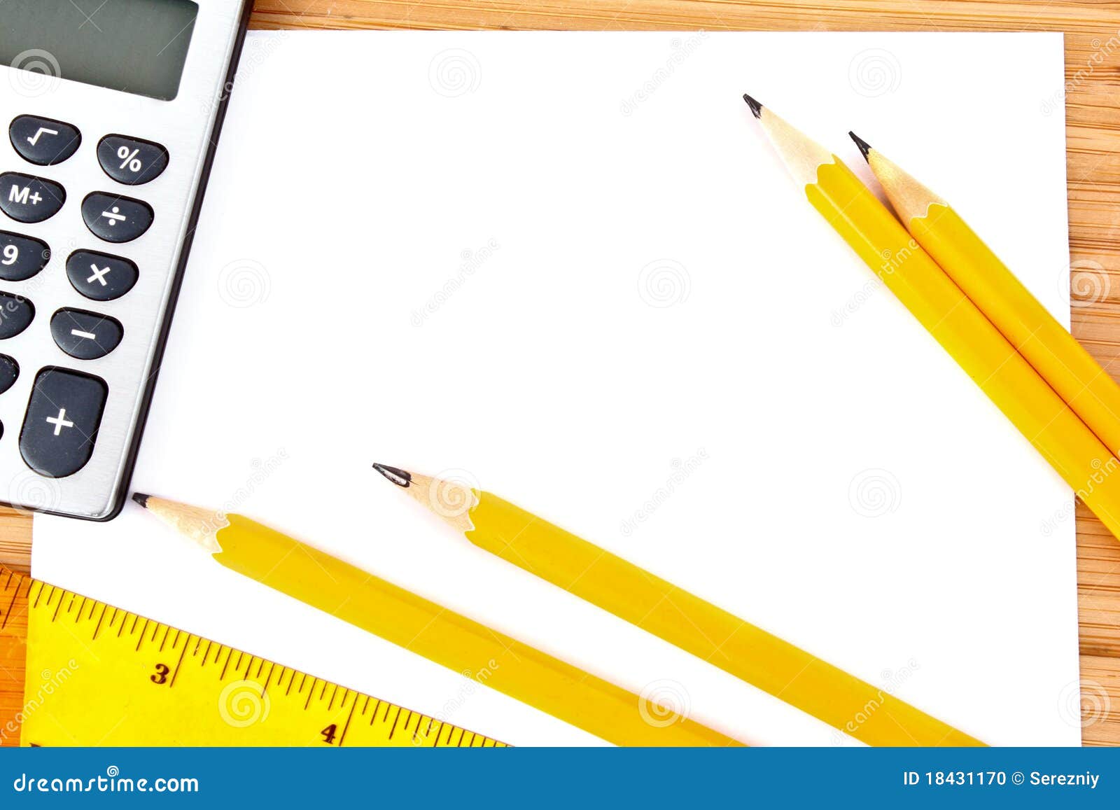 Pencils, Paper, Calculator and Ruler Stock Photo - Image of supply ...