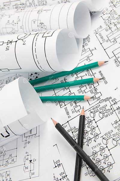 Pencils on Paper Electrical Engineering Drawings. Engineering Project ...