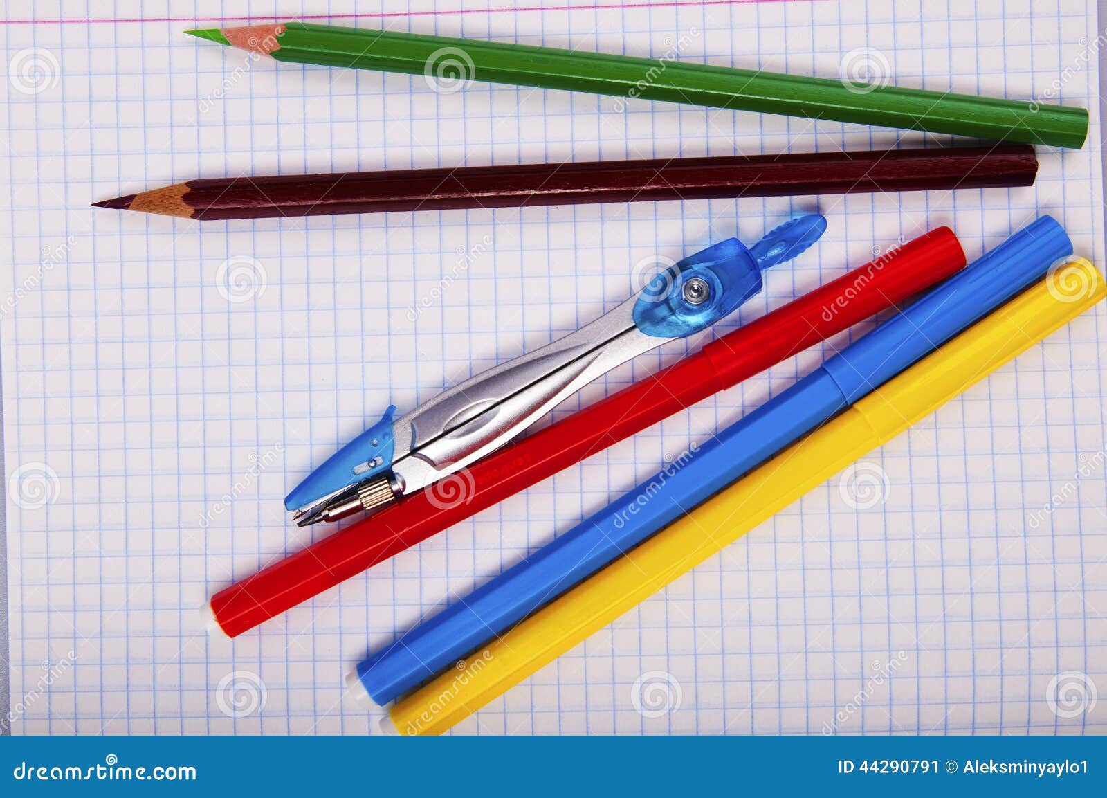 Pencils, Pen, Compass on Exercise Book Page Stock Image - Image of ...