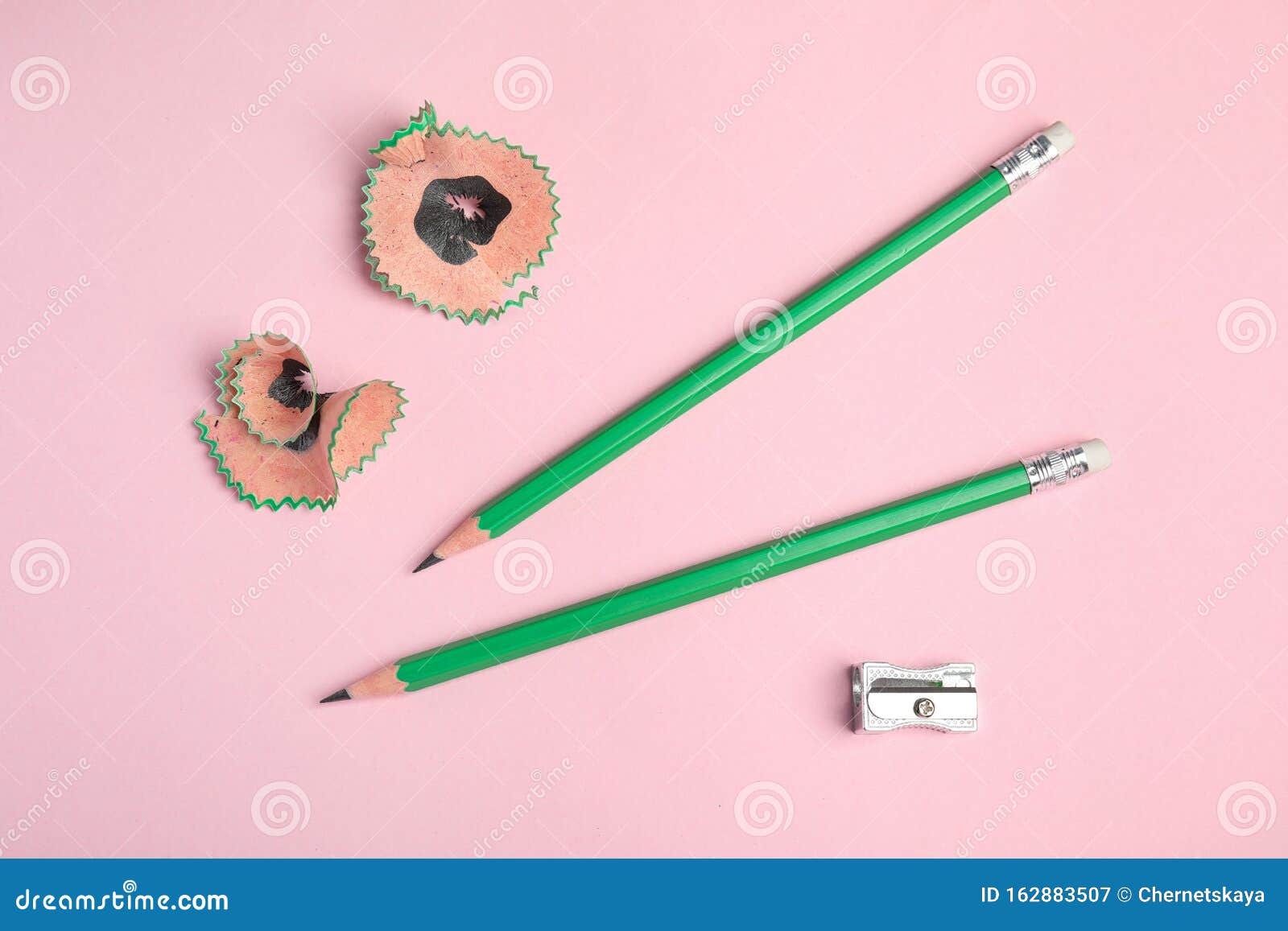 Pencils, Sharpener and Shavings on Background, Top View Stock Image ...