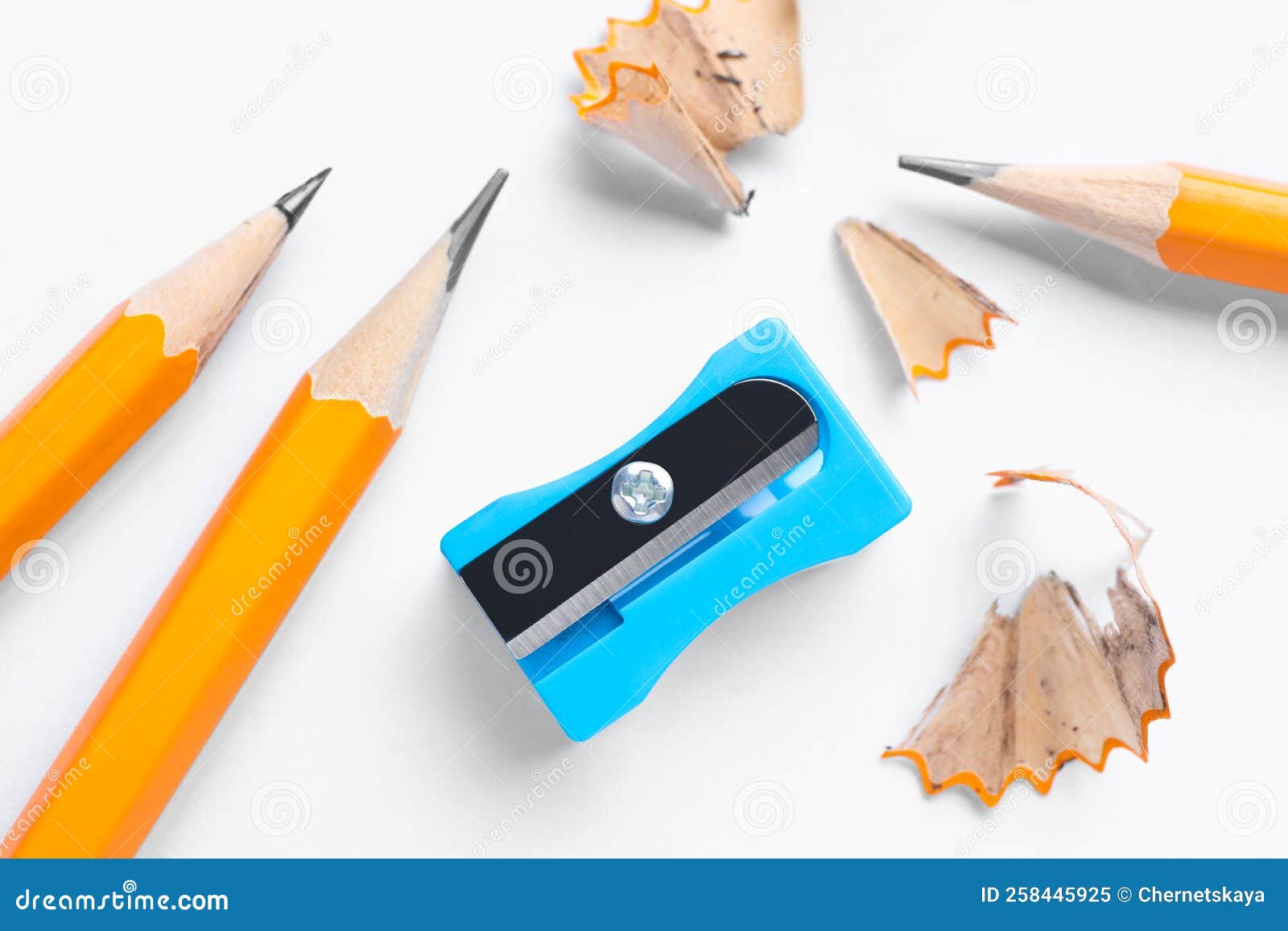 Pencils, Sharpener and Shavings on White Background, Flat Lay Stock ...