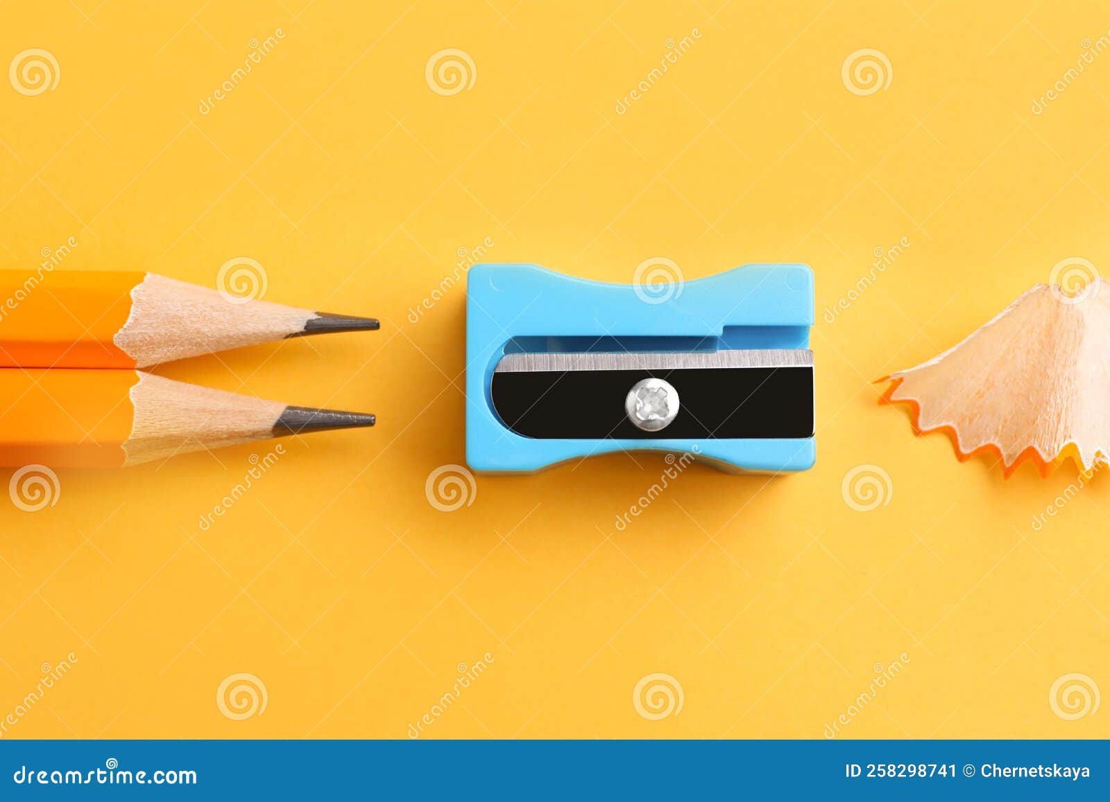Pencils, Sharpener and Shavings on Yellow Background, Flat Lay Stock ...