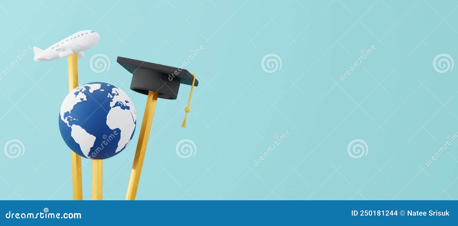 Pencils with World Plane and Graduation Cap with Copy Space 3D Render ...