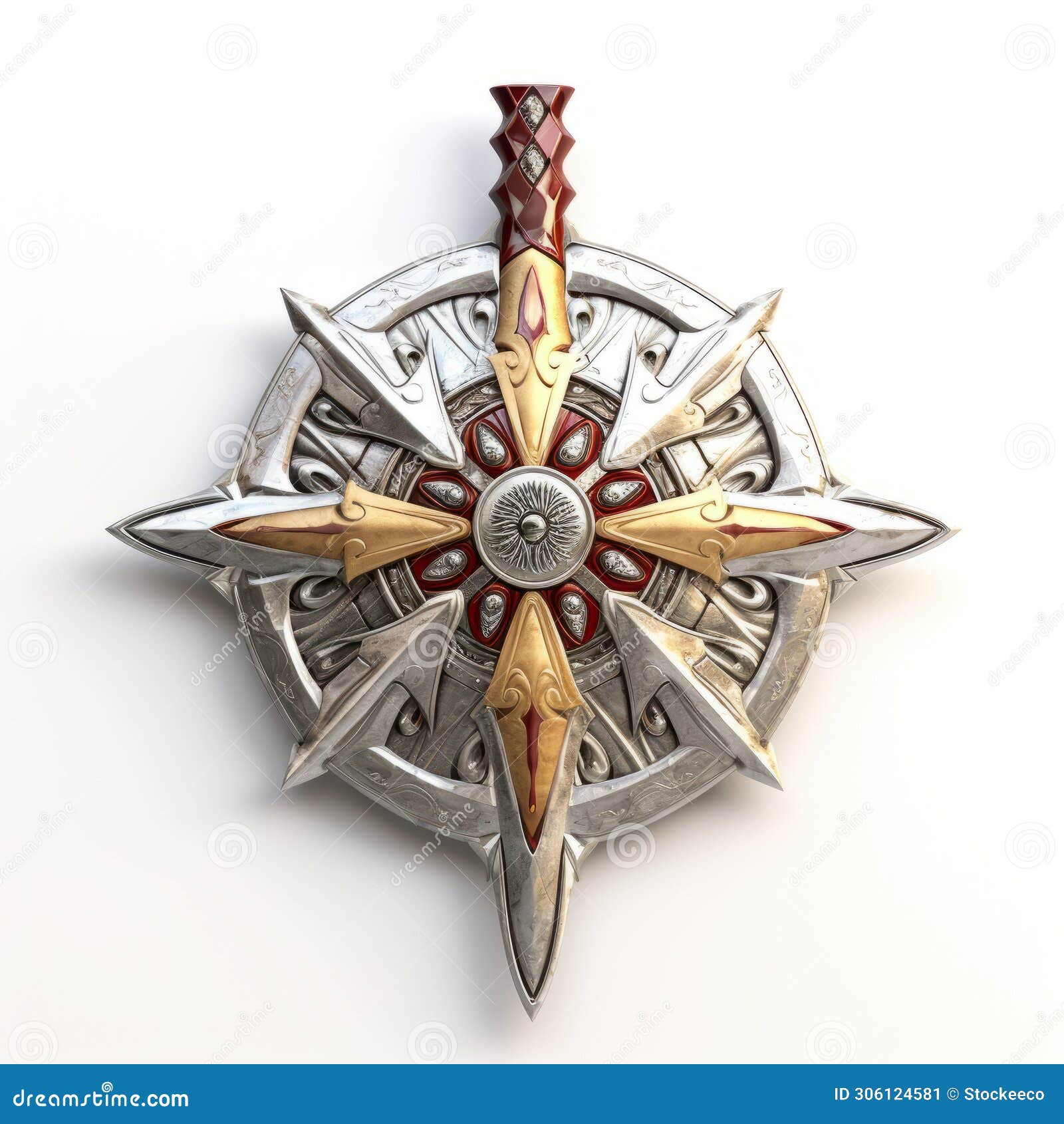 Intricately Sculpted Silver Compass with Red Blade - Zbrush Style Stock ...