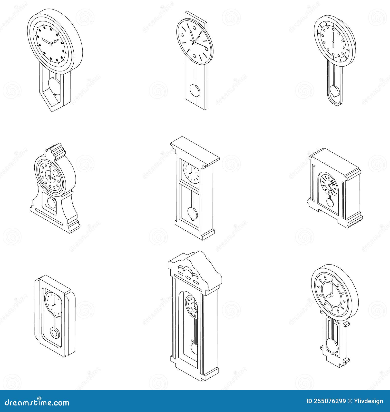 Pendulum Clock Icons Set Vector Outline Stock Illustration - Illustration of chalet, isometric ...