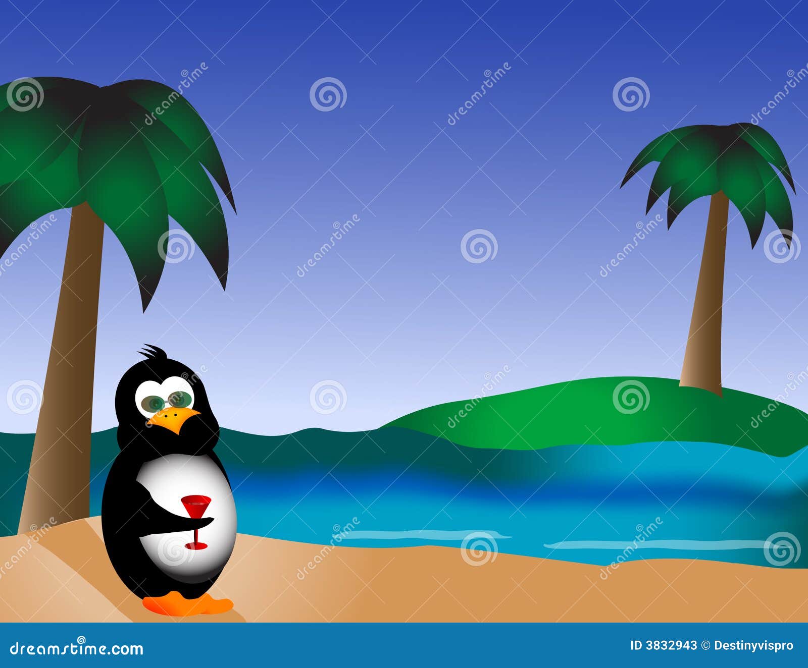Penguin on the Beach with Drink Stock Illustration - Illustration of ...