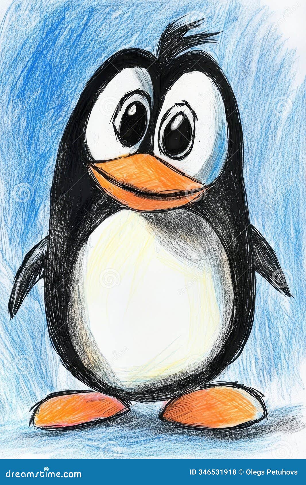 A Penguin Drawing with a Broad Grin and a Blueback Sky Stock ...