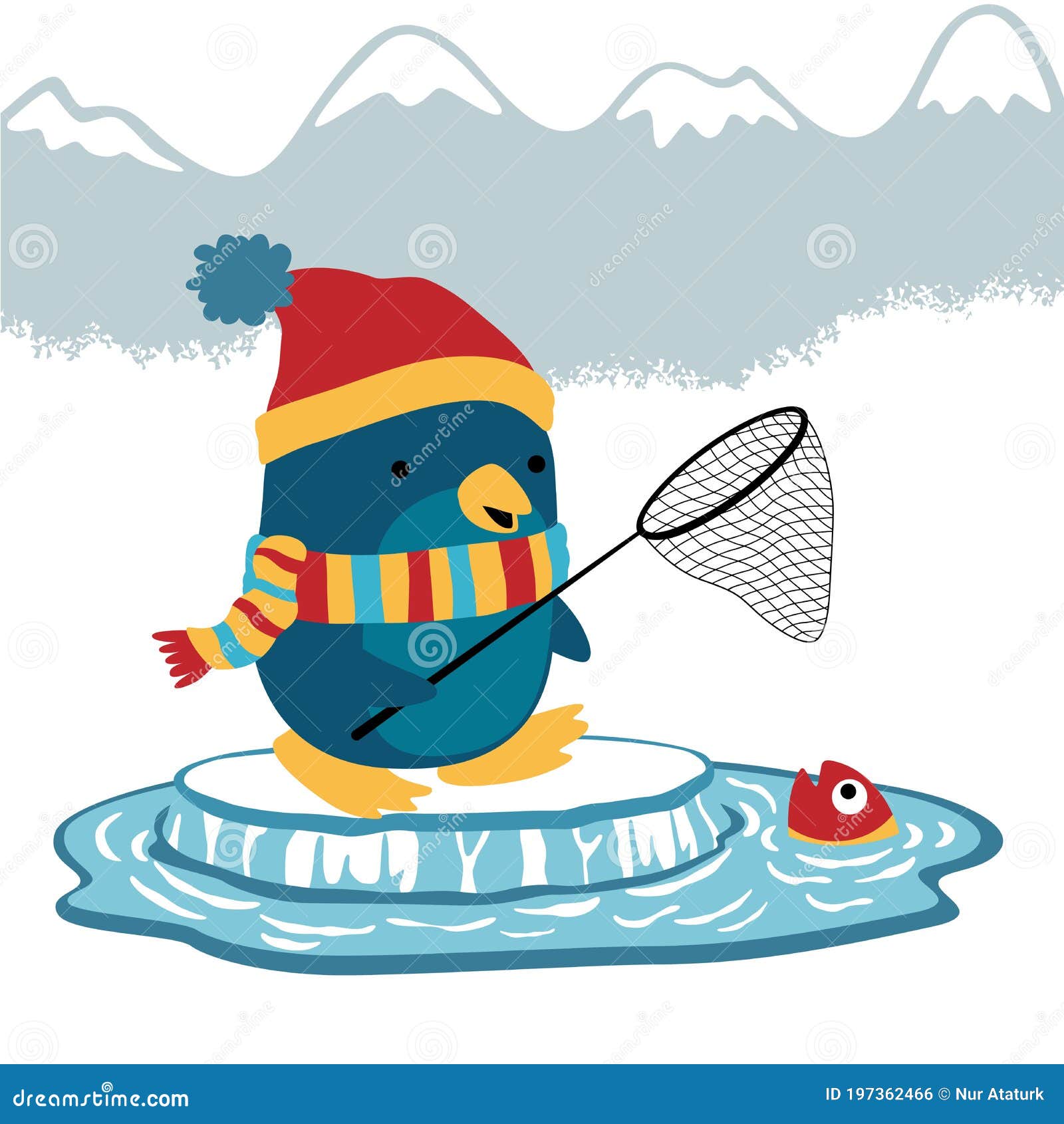 Penguin with Fishing Net on Mountain Background, Vector Cartoon ...