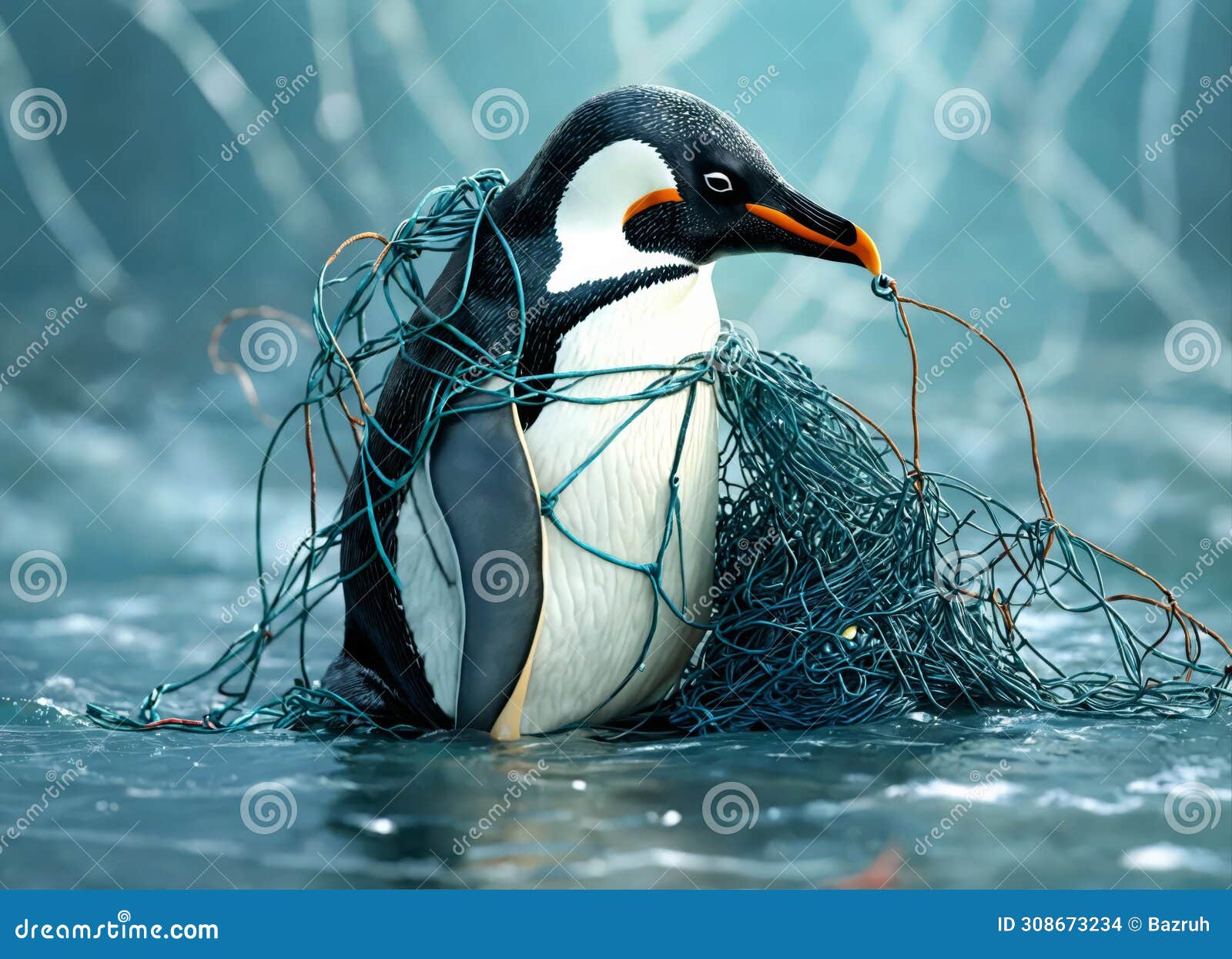 Penguin Got Tangled in a Fishing Net. Environmental Pollution Stock ...