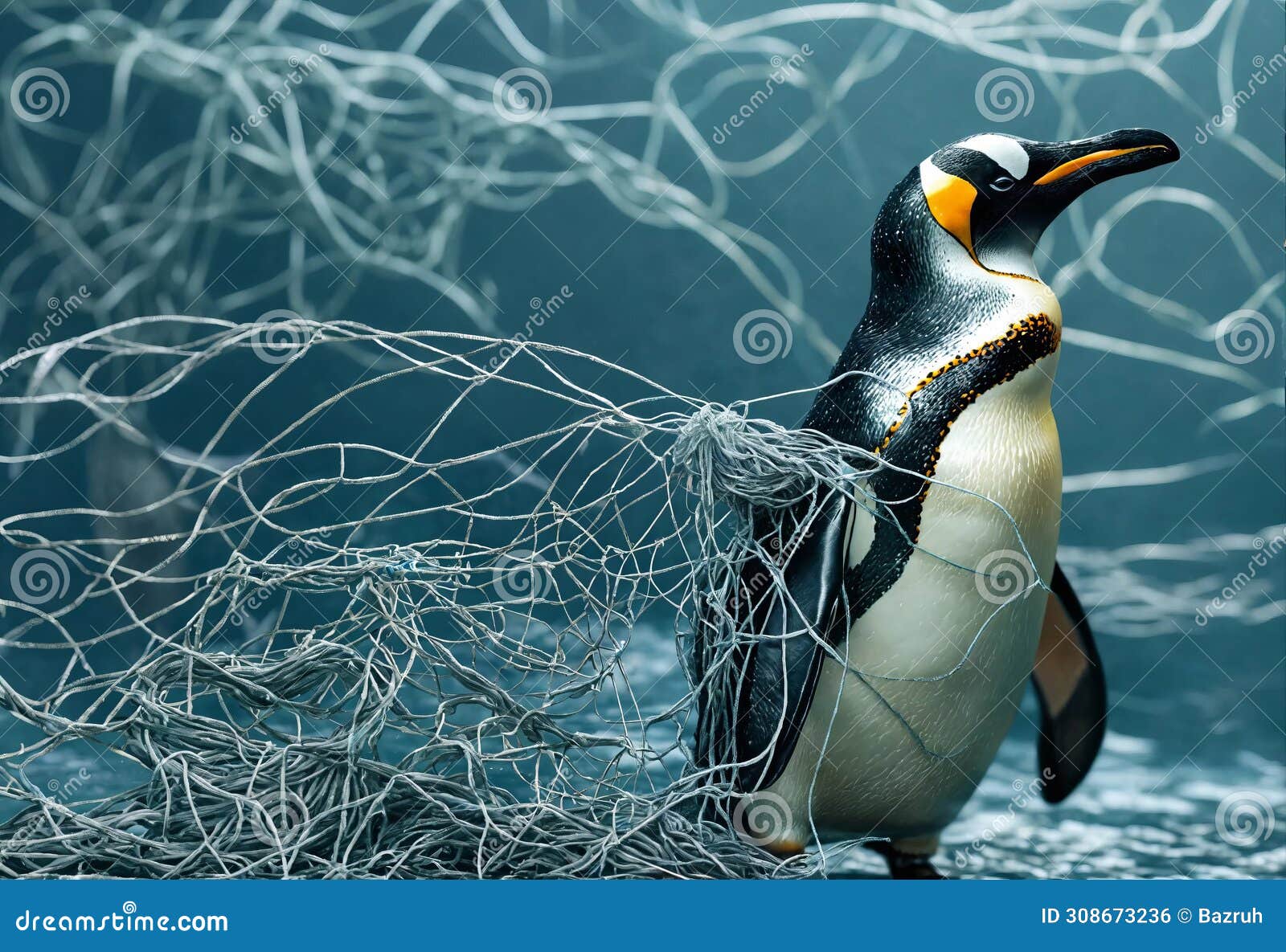 Penguin Got Tangled in a Fishing Net. Environmental Pollution Stock ...
